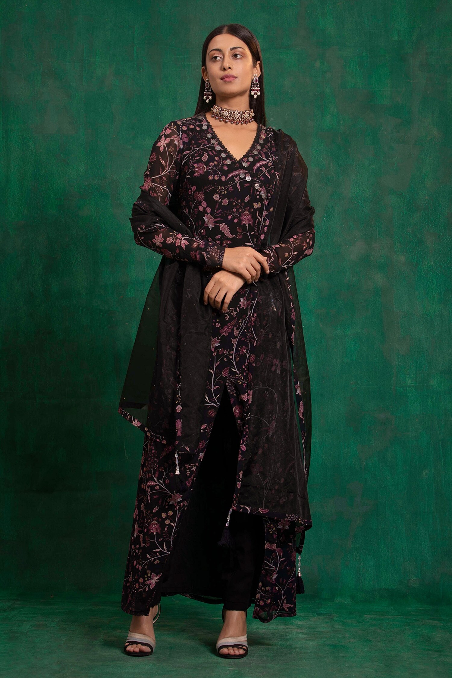Buy Awigna Black Georgette Floral Print Angrakha Set Online | Aza Fashions