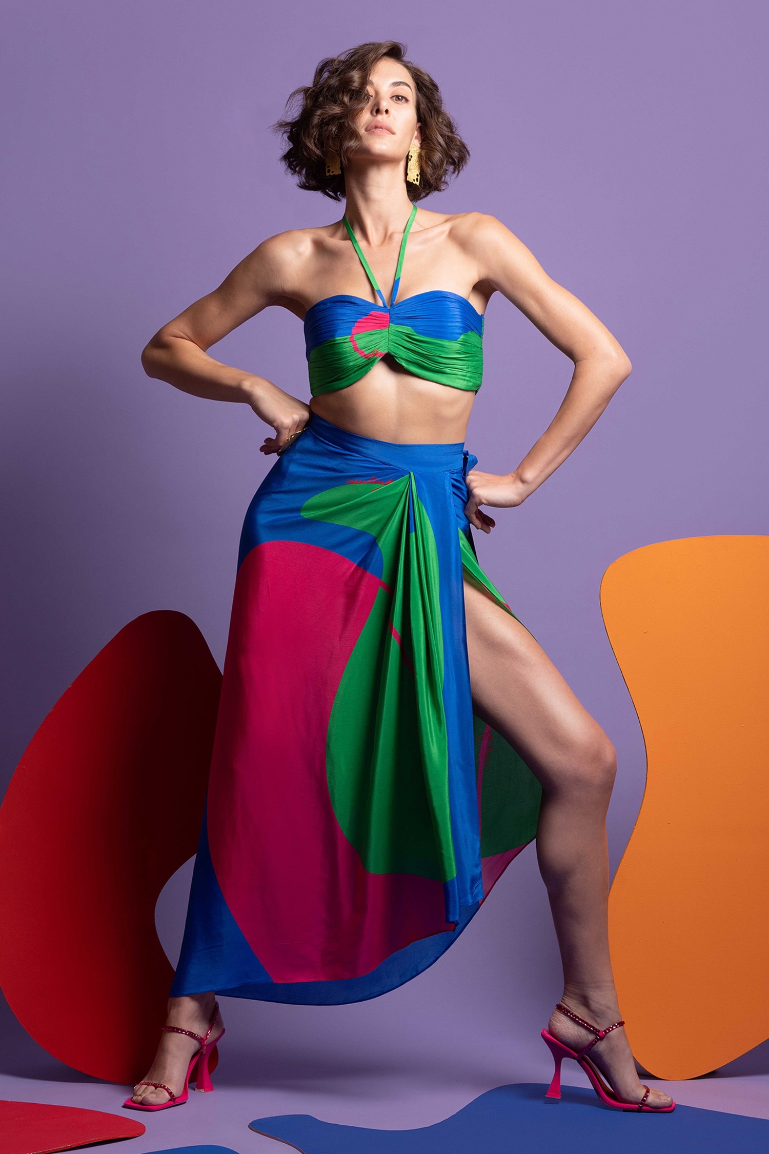 Buy Green Natural Crepe Printed Abstract Hit Refresh Colourblock Skirt Set For Women by Nautanky ...