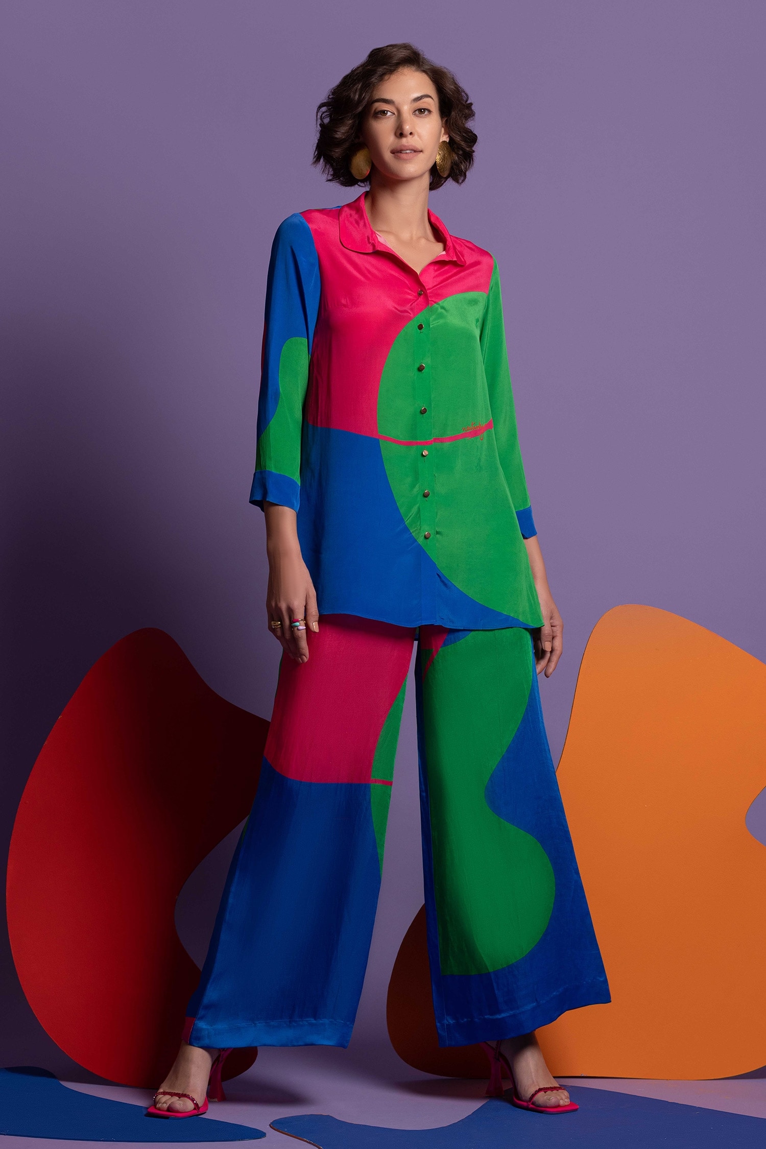 Buy Green Natural Crepe Printed Abstract Double Duty Colourblock Pant Set For Women by Nautanky ...