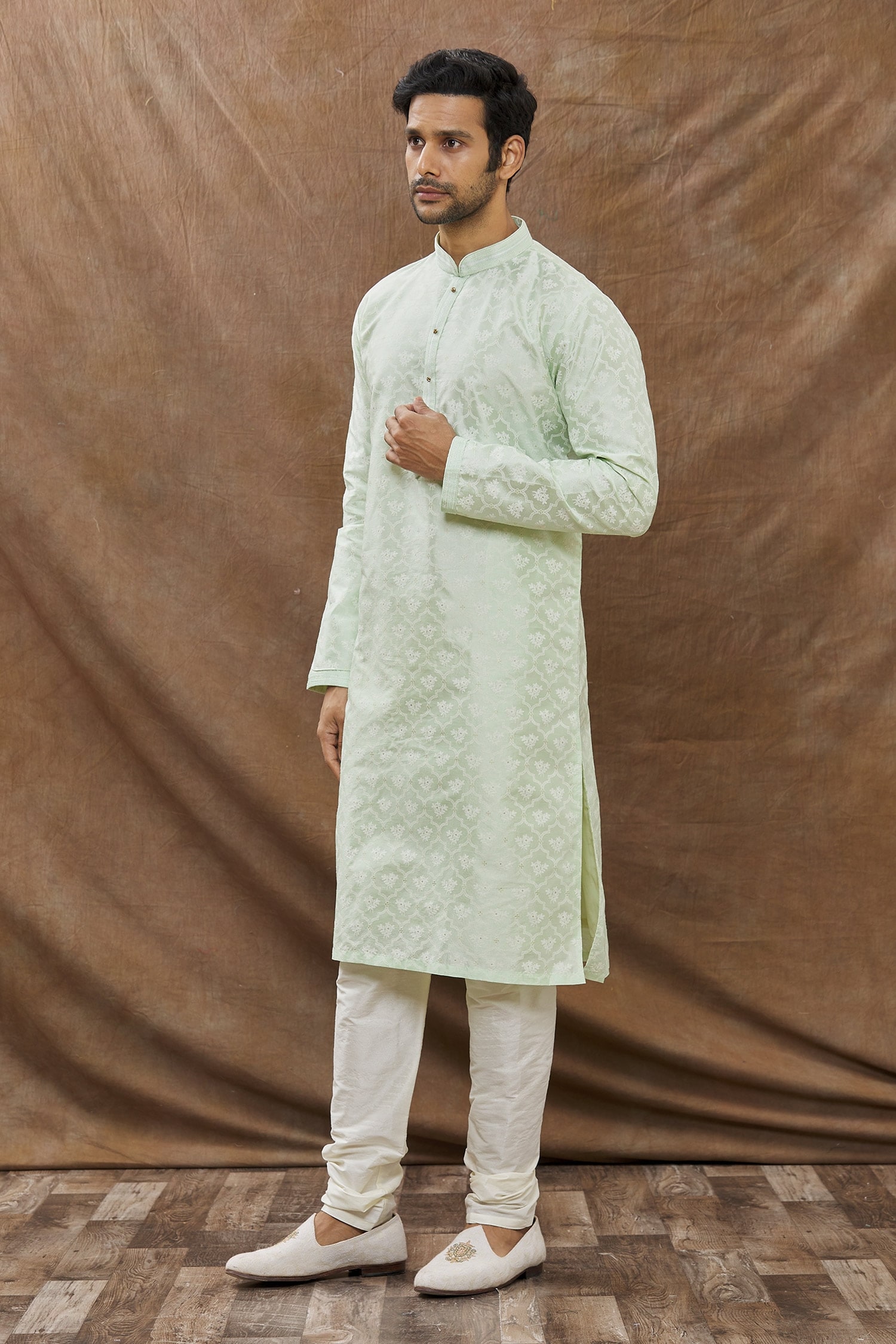 Buy Green Cotton Mughal Jaali Pattern Kurta Set For Men by Aham-Vayam ...