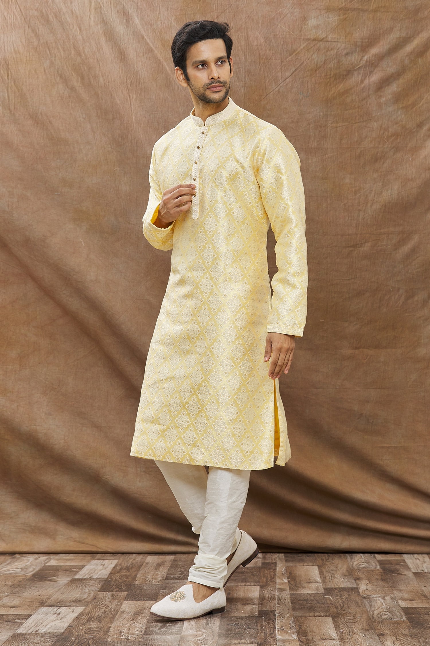 Buy Aham-Vayam Yellow Cotton Mehfil Floral Pattern Kurta Set Online ...
