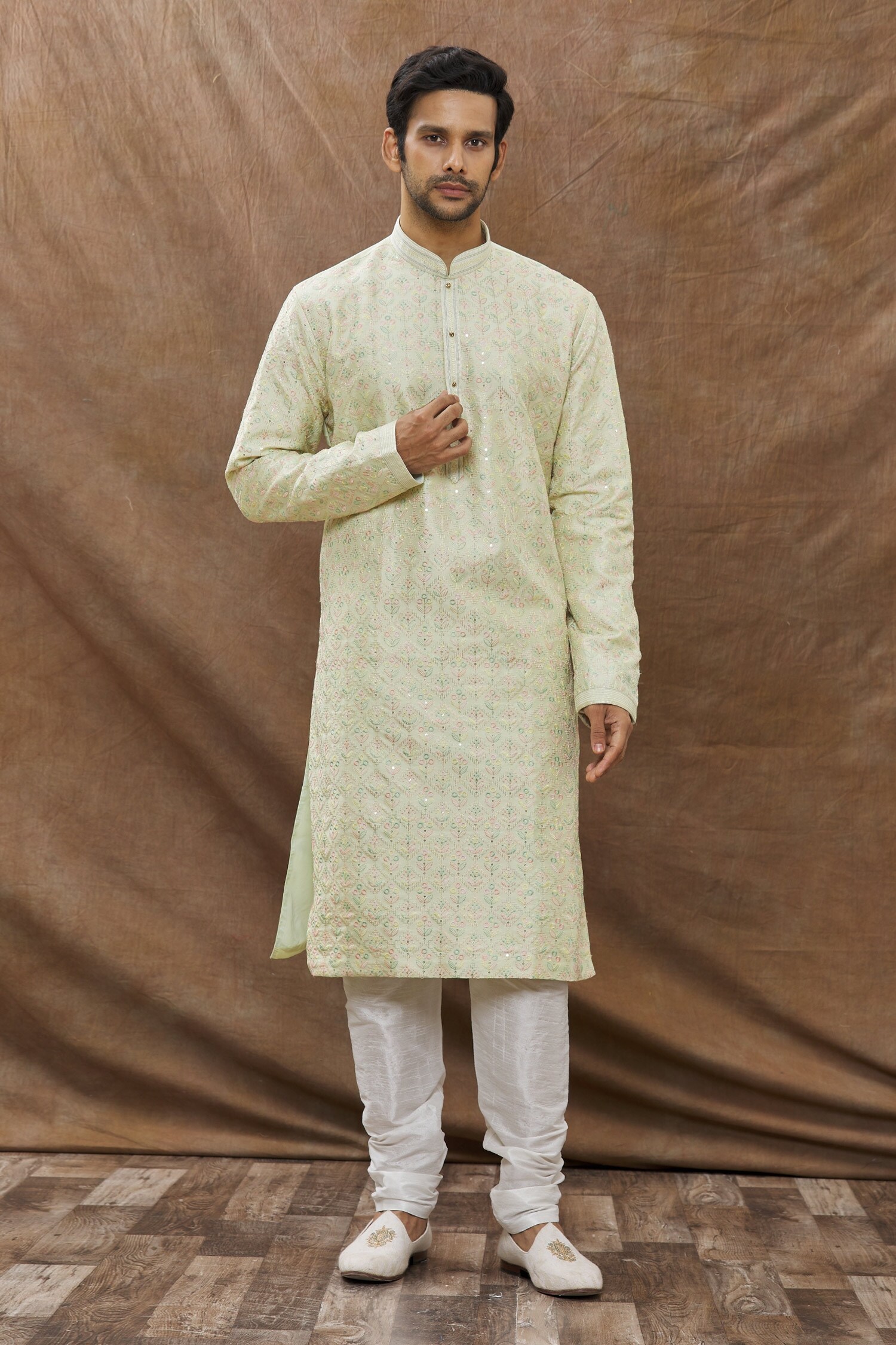 Buy Aham-Vayam Green Cotton Tyohaar Embroidered Kurta Set Online | Aza ...