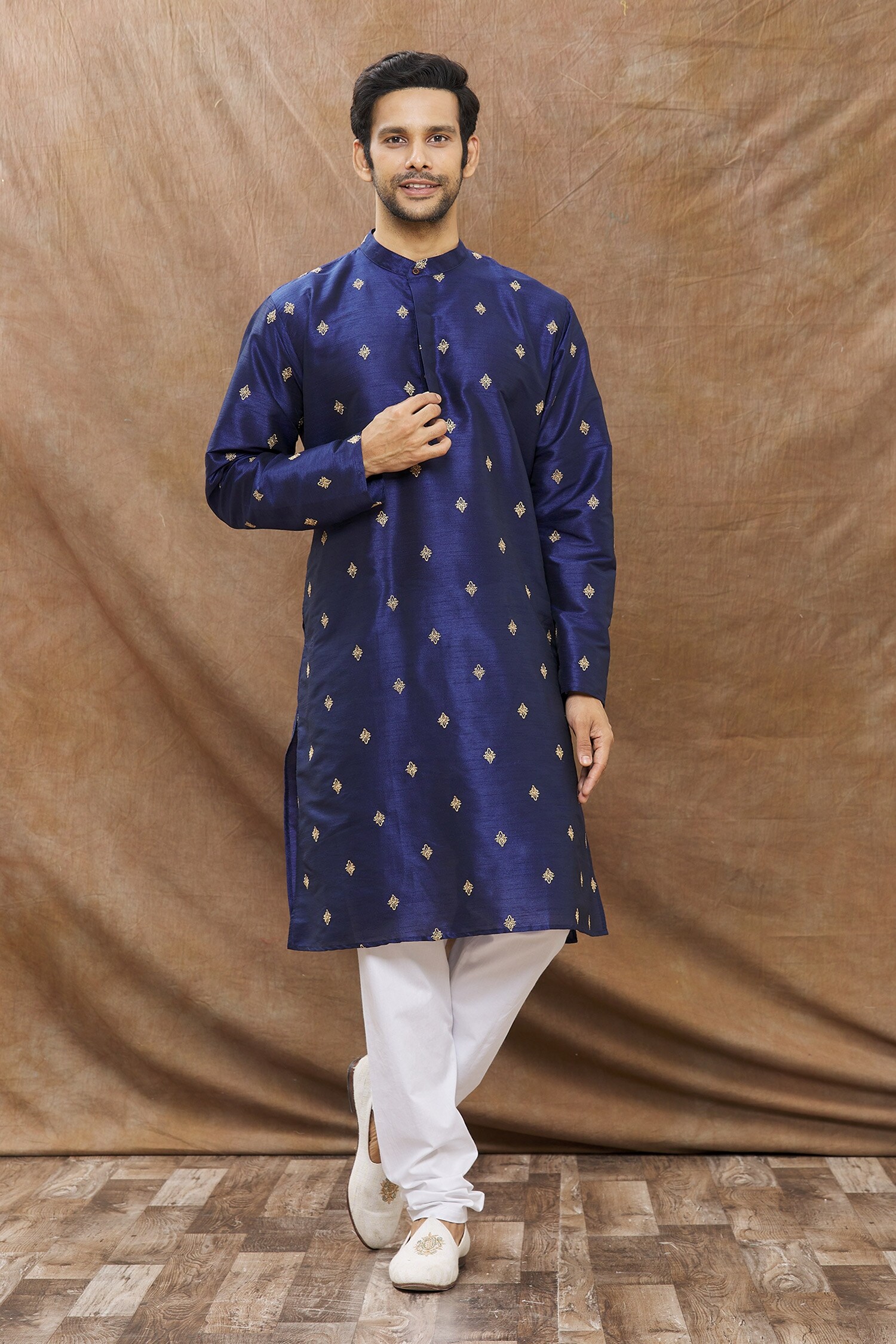 Buy Blue Silk Blend Embroidered Floral Kamal Kurta Set For Men by Aham ...