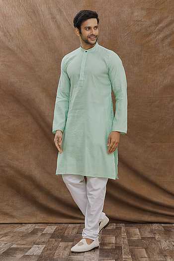Buy Green Cotton Embroidered Scallop Uday Kurta Set For Men by Aham ...