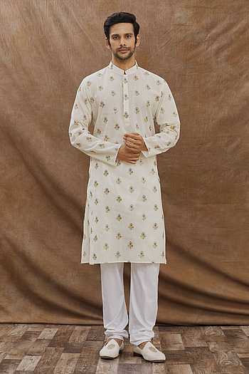 Buy Cream Cotton Embroidered Floral Phool Kurta Set For Men by Aham ...