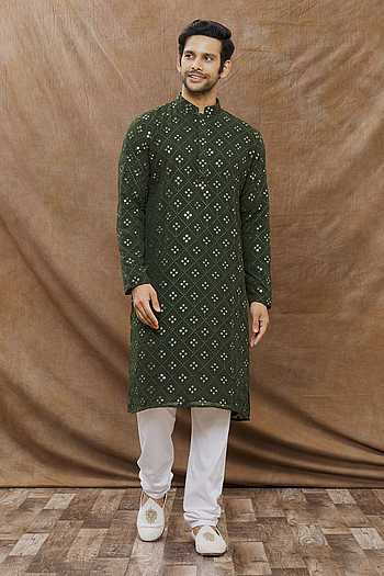 Buy Aham-Vayam Green Cotton Mirror Embroidered Kurta Set Online | Aza ...