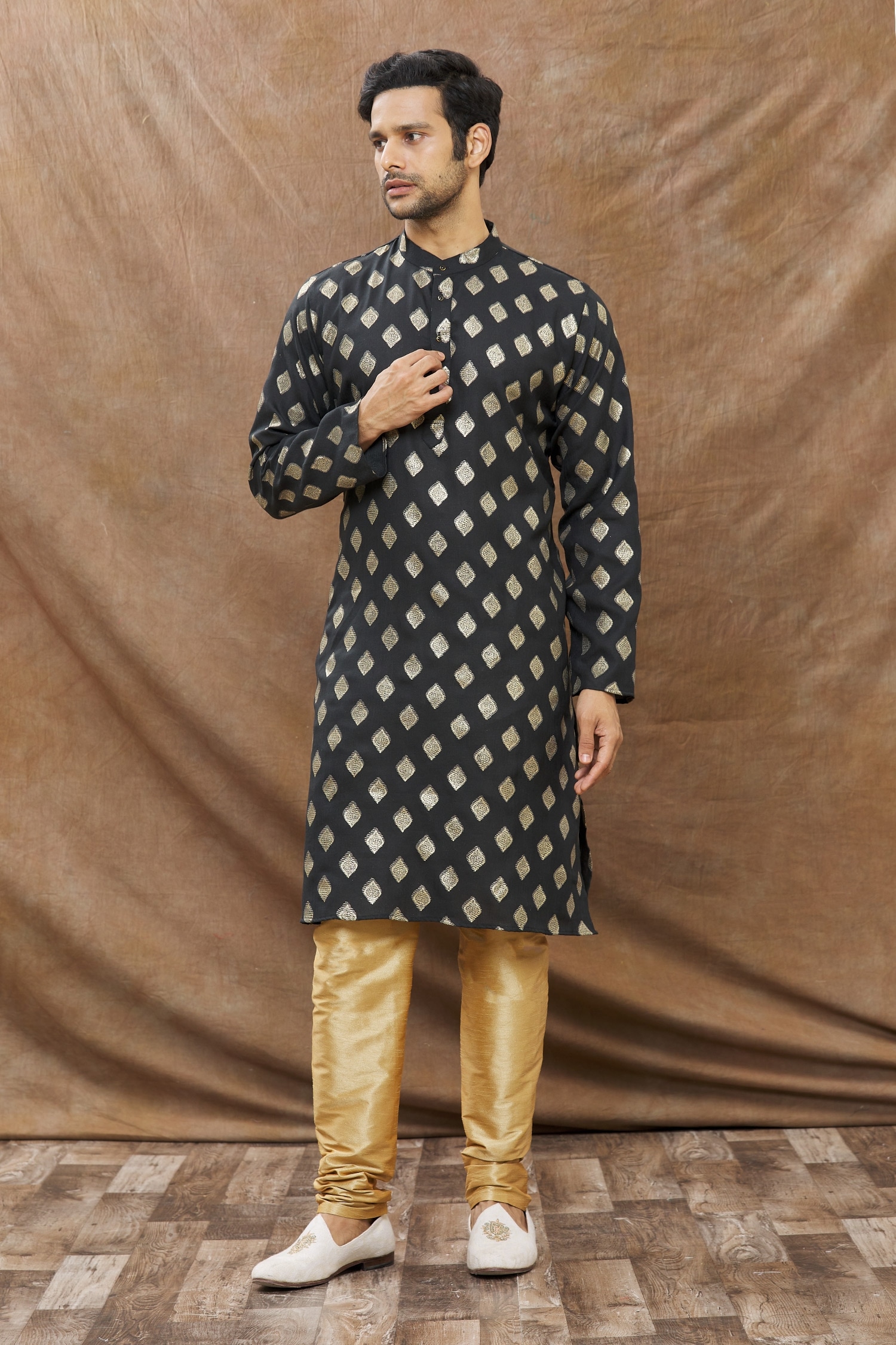 Buy Black Cotton Blend Floral Sona Pattern Kurta Set For Men by Aham ...