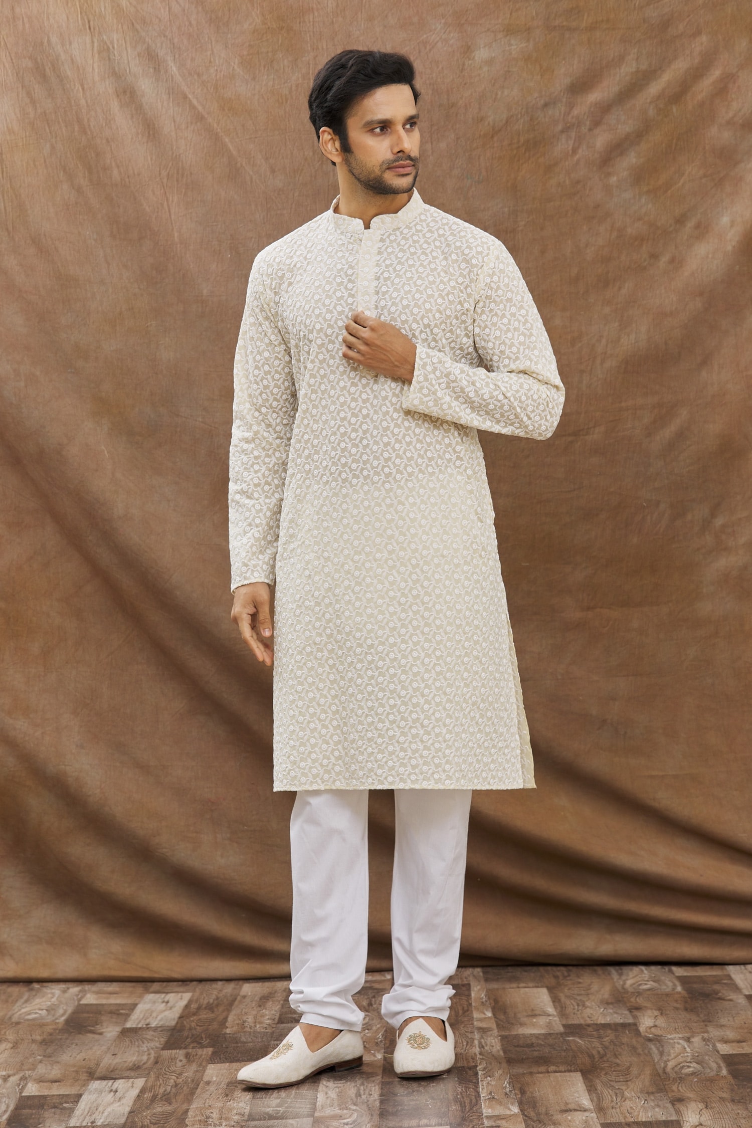 Buy Beige Cotton Blend Embroidered Floral Phool Patti Kurta Set For Men ...
