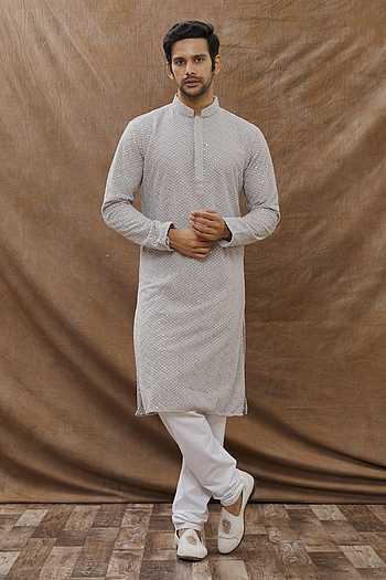 Buy Grey Cotton Blend Embroidered Zig Zag Kurta Set For Men by Aham ...