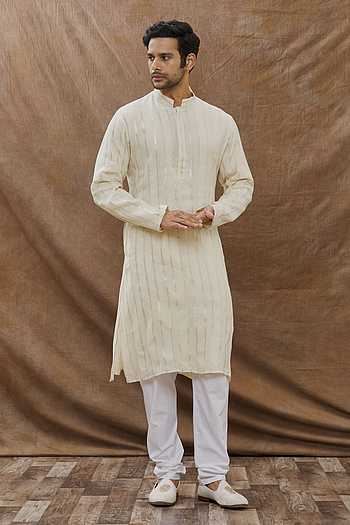 Buy Cream Cotton Blend Striped Lurex Kurta Set For Men by Aham-Vayam ...