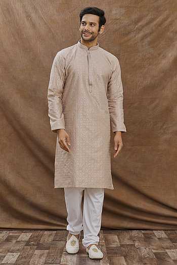 Buy Beige Cotton Mughal Jaali Raksha Floral Pattern Kurta Set For Men ...