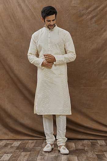 Buy Cream Cotton Mughal Jaali Pattern Kurta Set For Men by Aham-Vayam ...