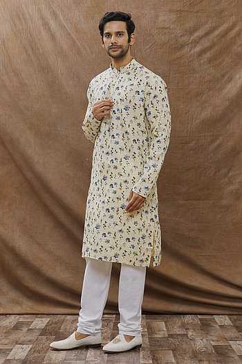 Buy Beige Cotton Printed Floral Kurta Set For Men by Aham-Vayam Online ...