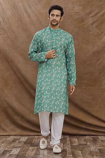 Buy Green Cotton Printed Floral Kurta Set For Men by Aham-Vayam Online ...