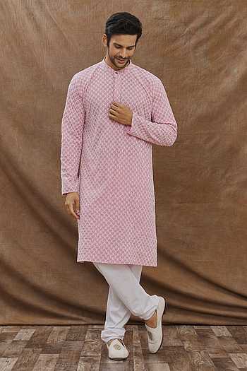 Buy Coral Cotton Embroidered Kurta Set For Men by Aham-Vayam Online at ...