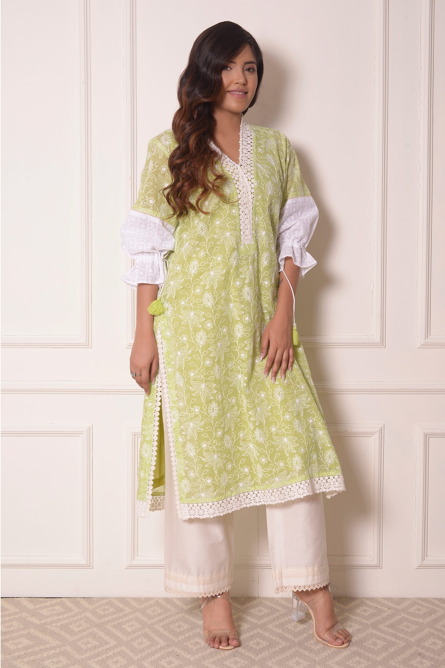 Buy Green Kota Doriya Embroidered Thread Work V Neck Kurta And Pant Set For Women by Surabhi ...