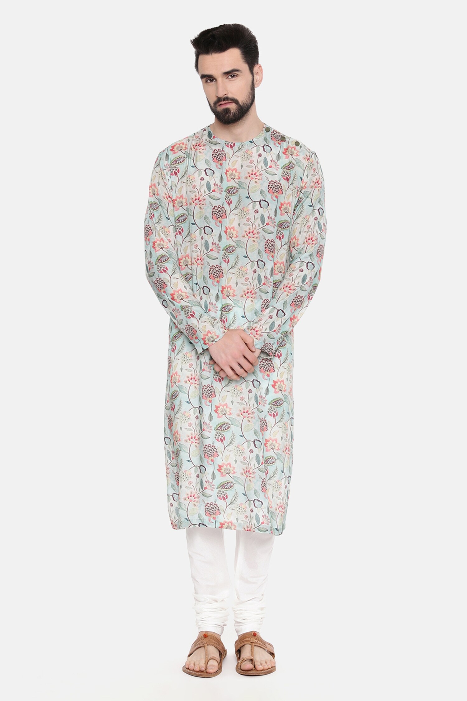 Buy Green Silk/muslin Printed Floral Kurta Set For Men by Mayank Modi ...