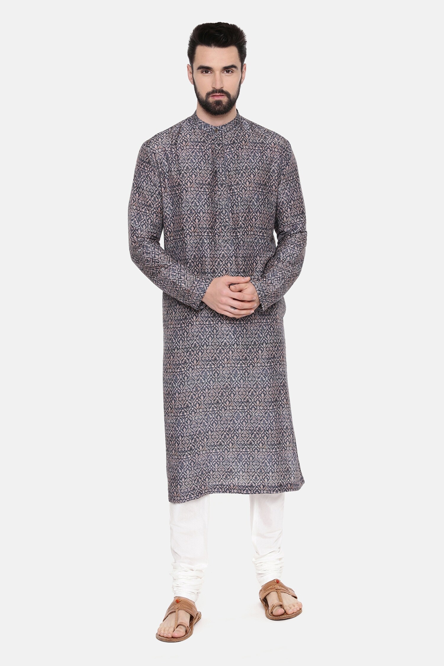 Buy Mayank Modi - Men Blue Bemberg Linen Geometric Print Kurta Set ...