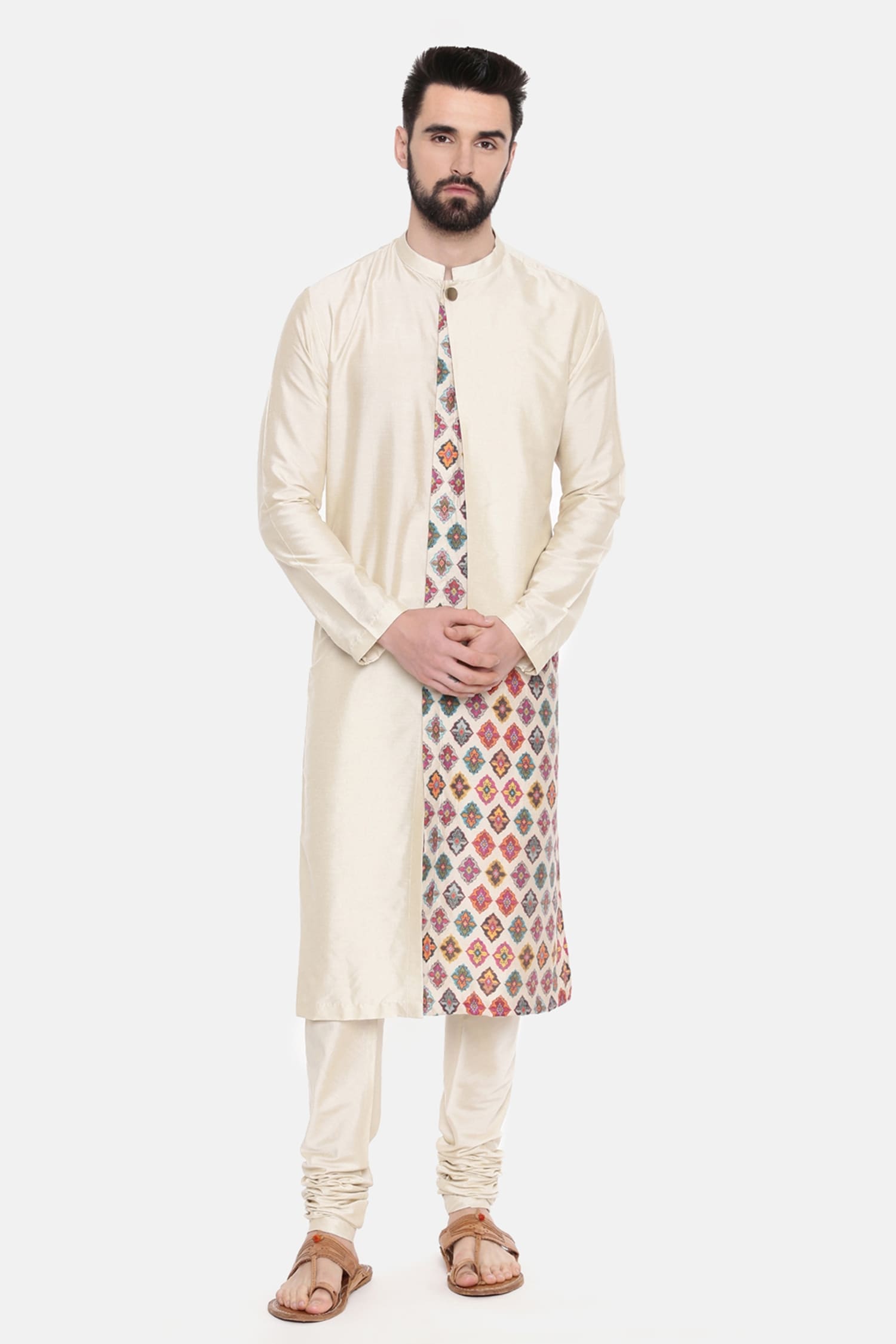 Buy Mayank Modi - Men Beige Silkchanderi Floral Print Kurta Set Online ...
