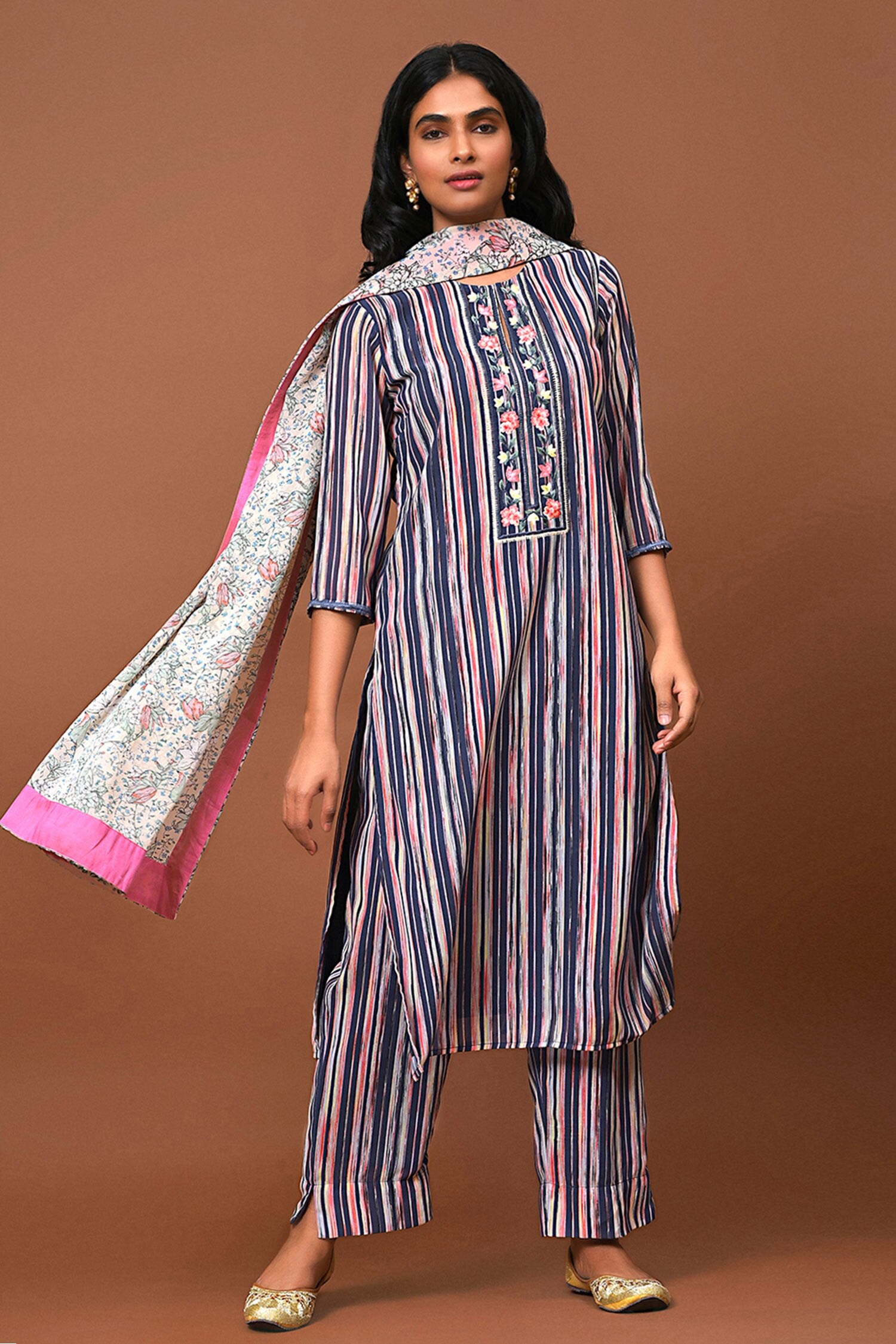 Buy NUHH Multi Color Georgette Striped Pattern Kurta Set Online | Aza ...
