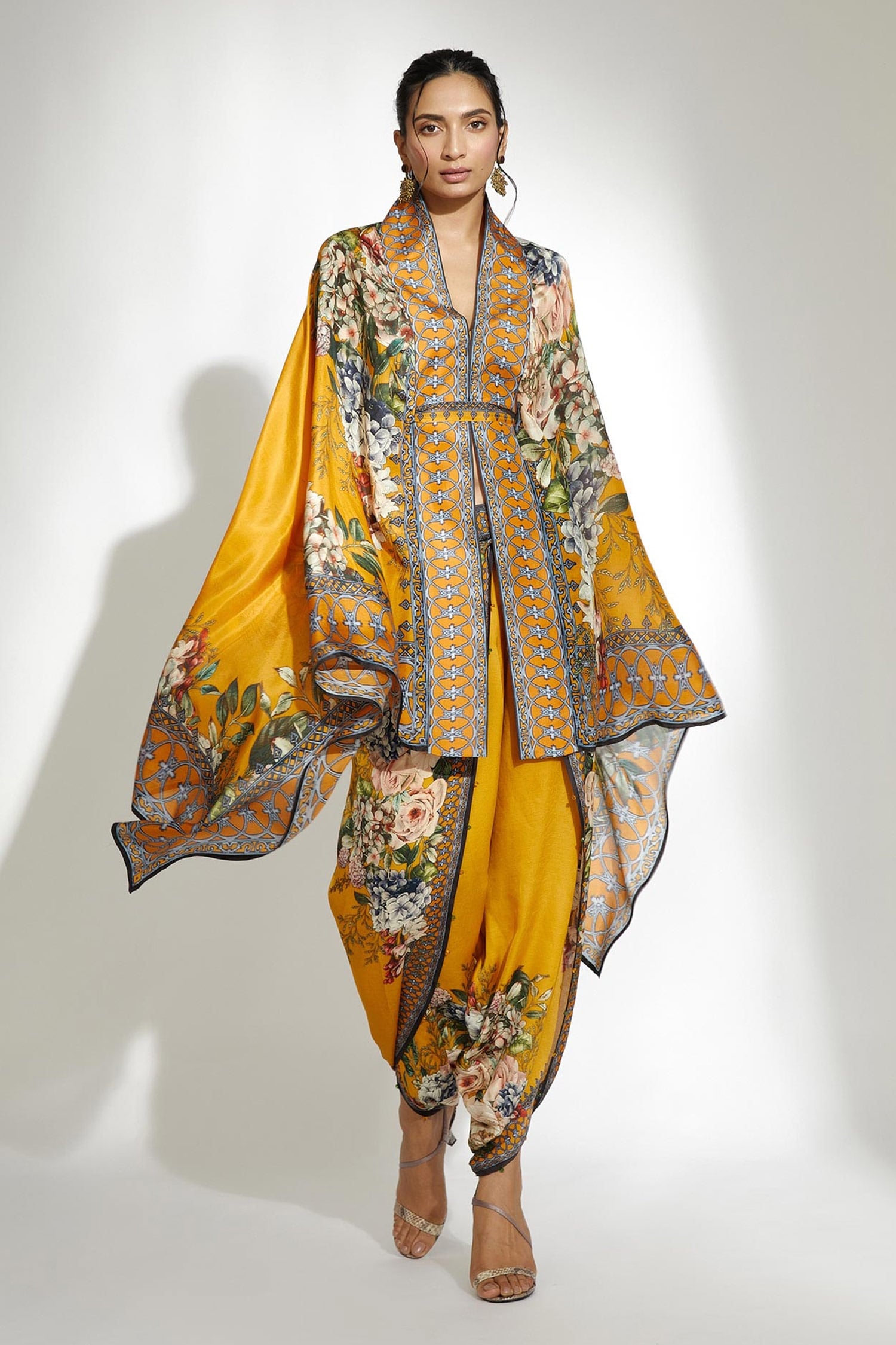 Buy Yellow Silk Printed Floral V Neck Chloe Cape For Women by Rajdeep ...