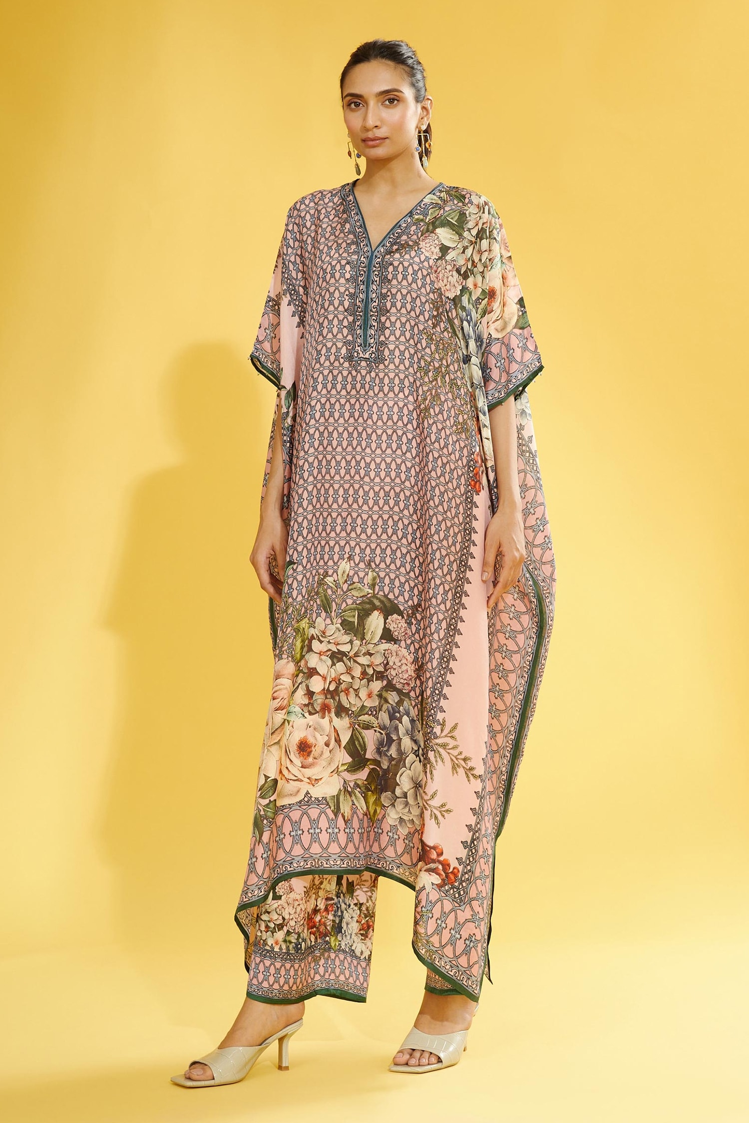 Buy Peach Silk Printed Floral V Neck Kaliza Kaftan For Women by Rajdeep ...