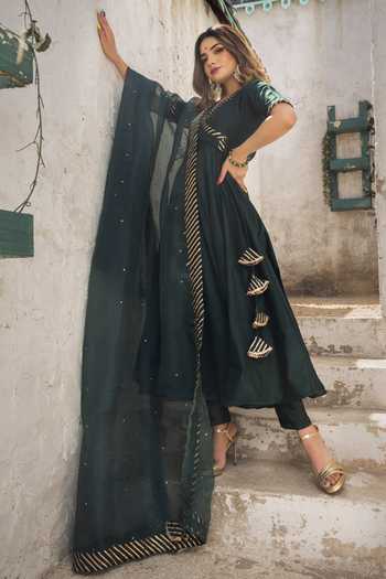 Buy Green Cotton Silk V Neck Angarkha Pant Set For Women by POMCHA ...