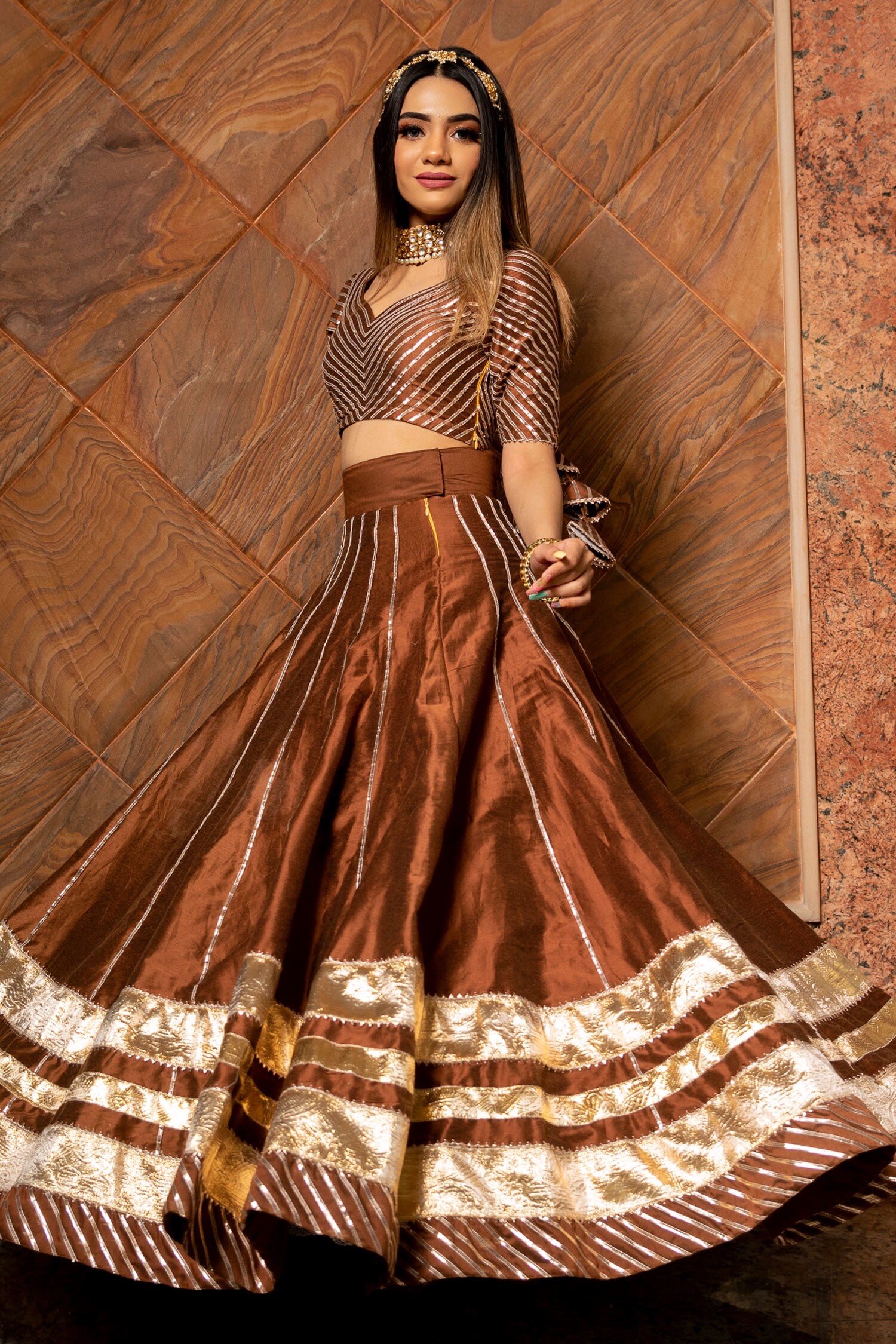 Buy Pomcha Jaipur Brown Organza Cotton Silk Lehenga Set Online | Aza Fashions