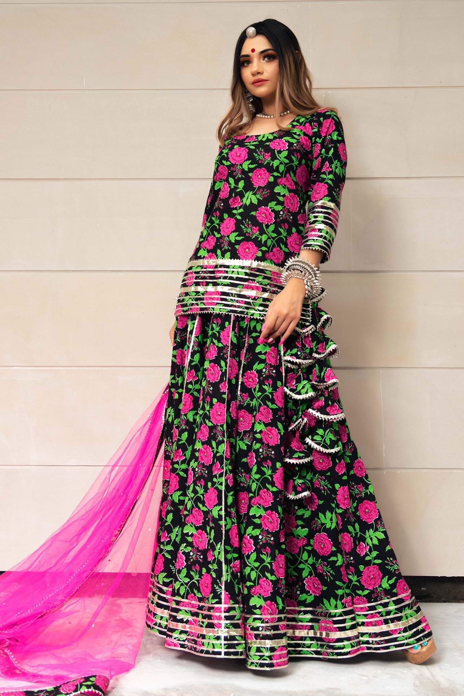 Buy Black Cotton And Soft Net Print Hand Block Scoop Neck Kurta Lehenga ...