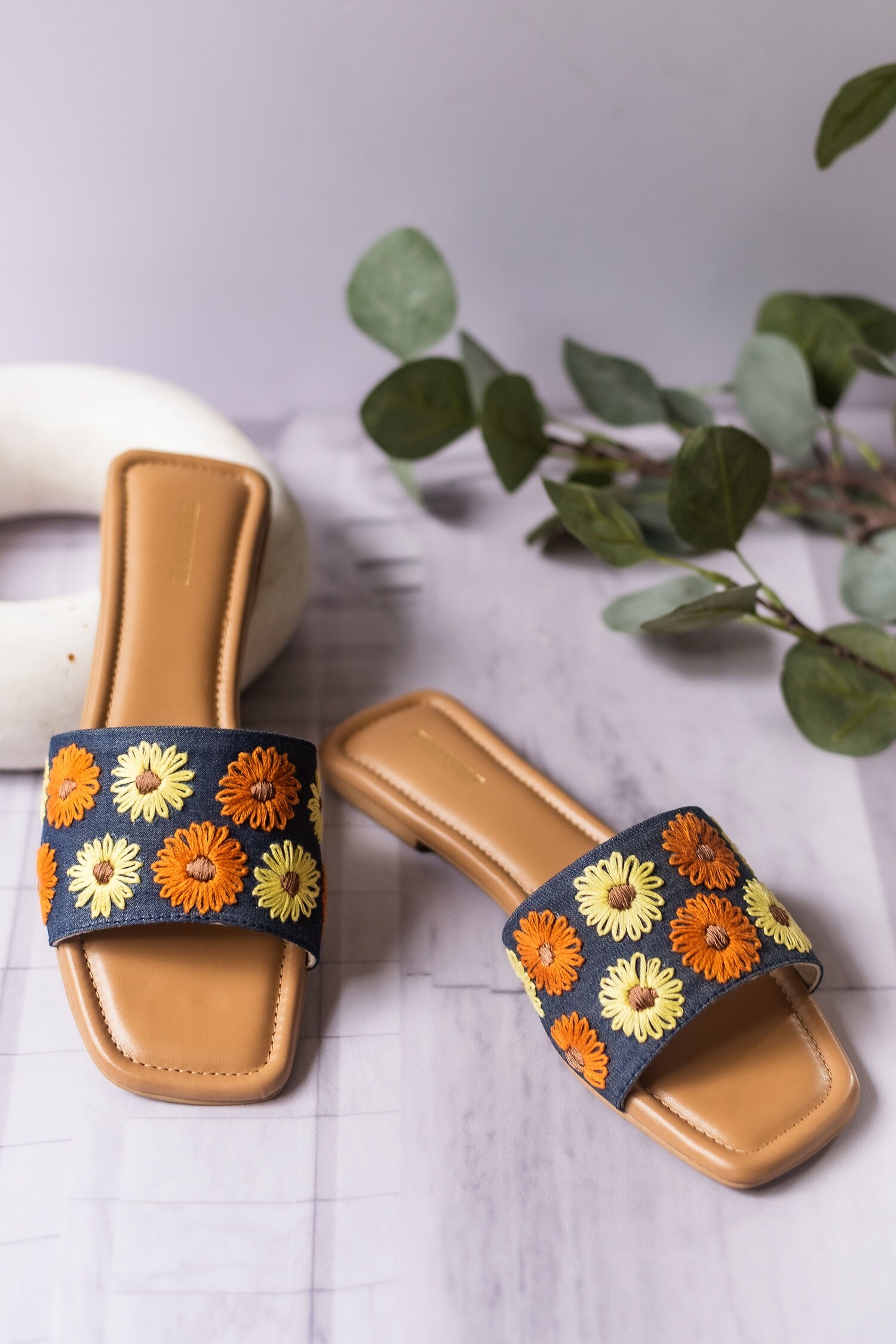 Buy Urbansway Blue Faux Leather (vegan) Spring Embroidered Sliders ...