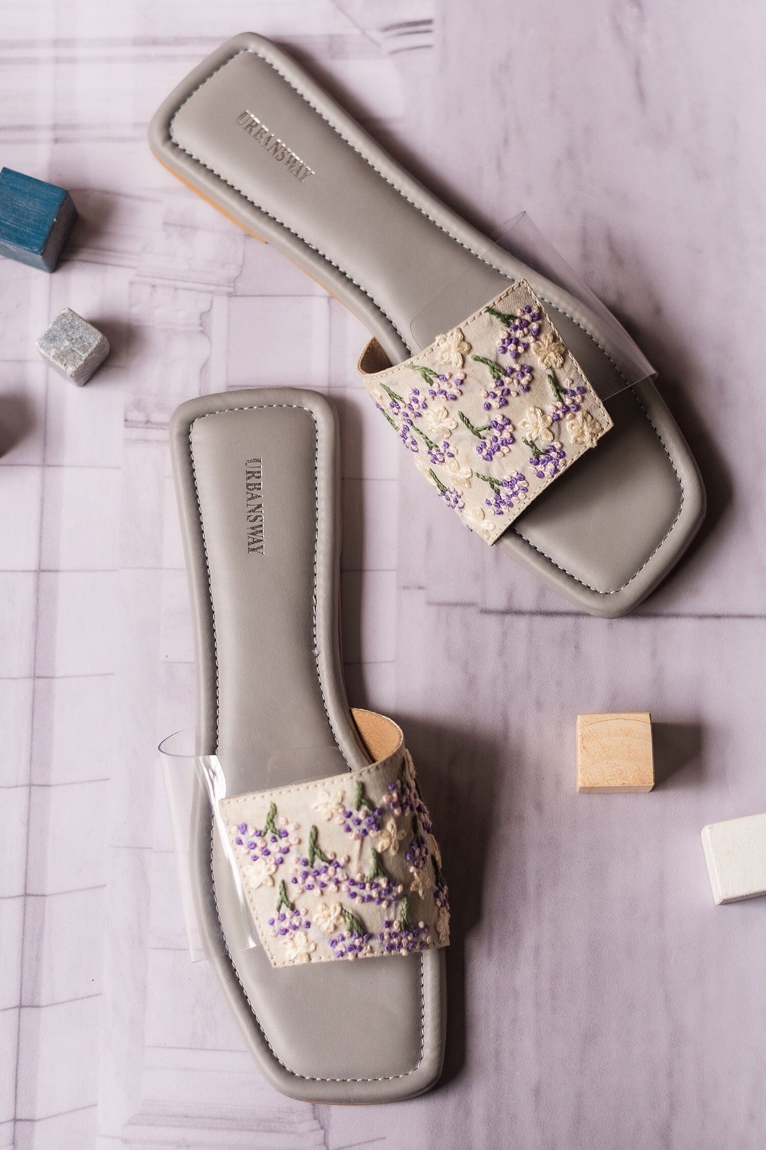 Buy White Embroidered Daisy Floral Sliders by Urbansway Online at Aza ...