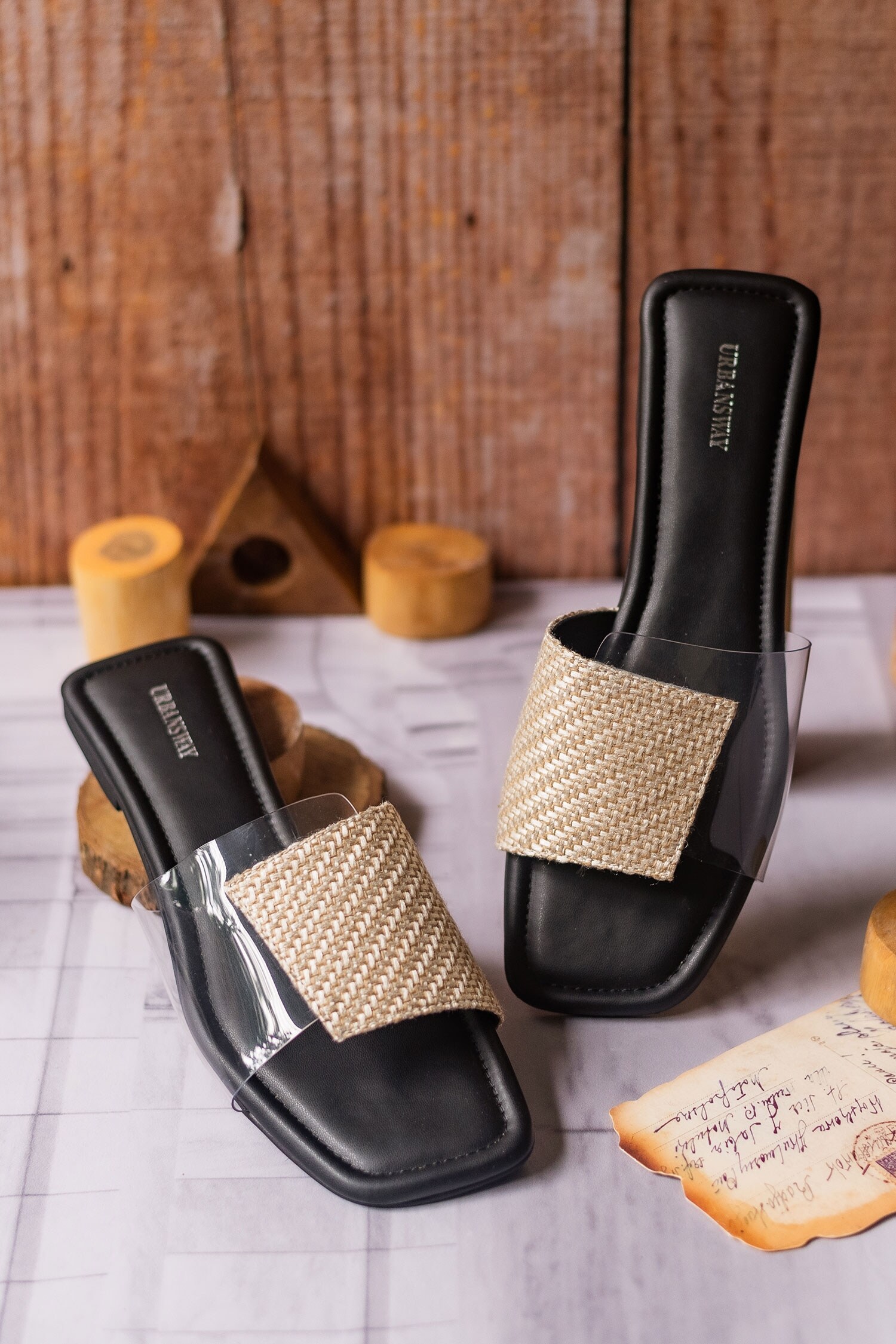 Buy Black Jute Detail Sliders by Urbansway Online at Aza Fashions.