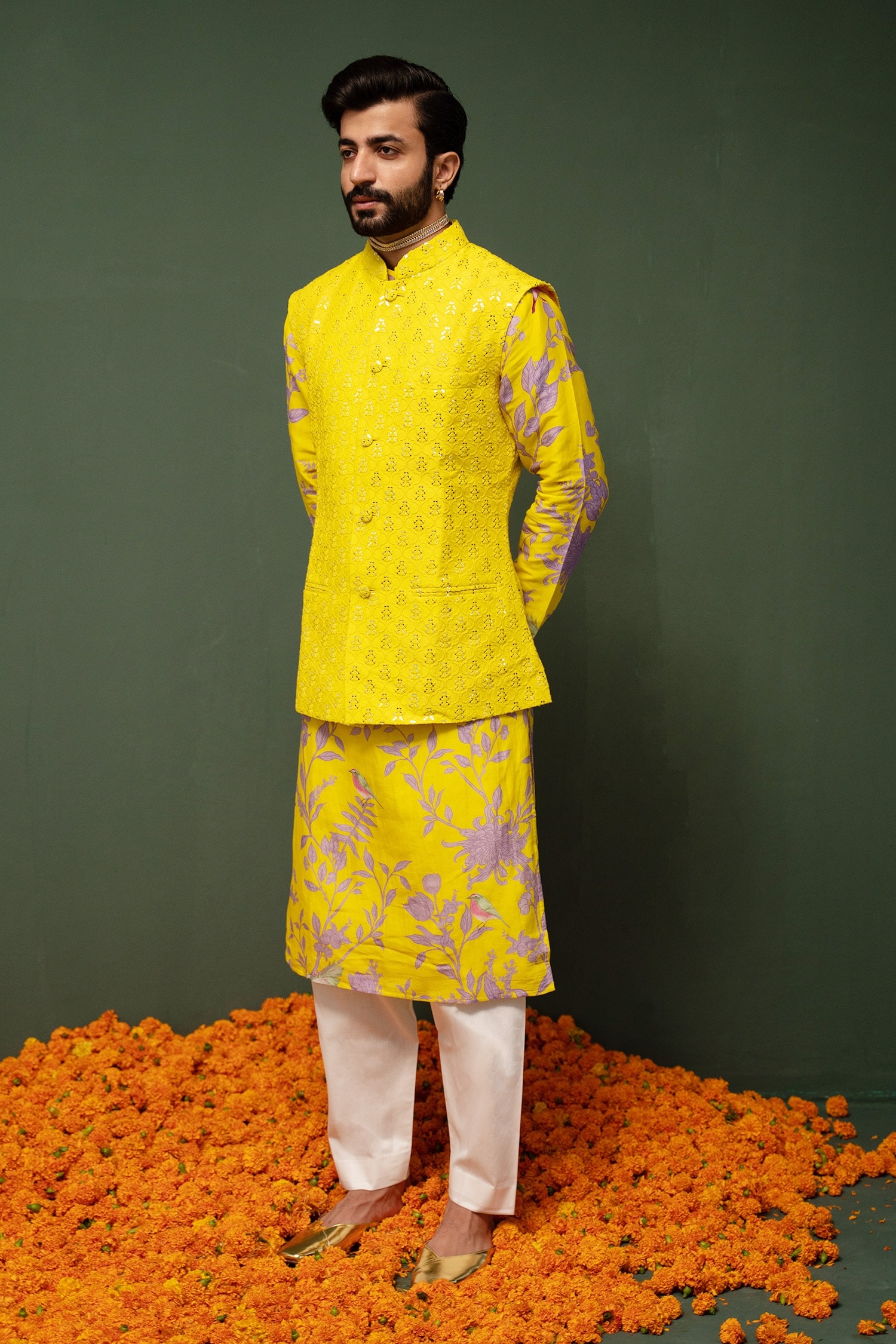 Buy Yellow Kurta And Nehru Jacket Chanderi Silk & Pant Cotton Bundi Set ...