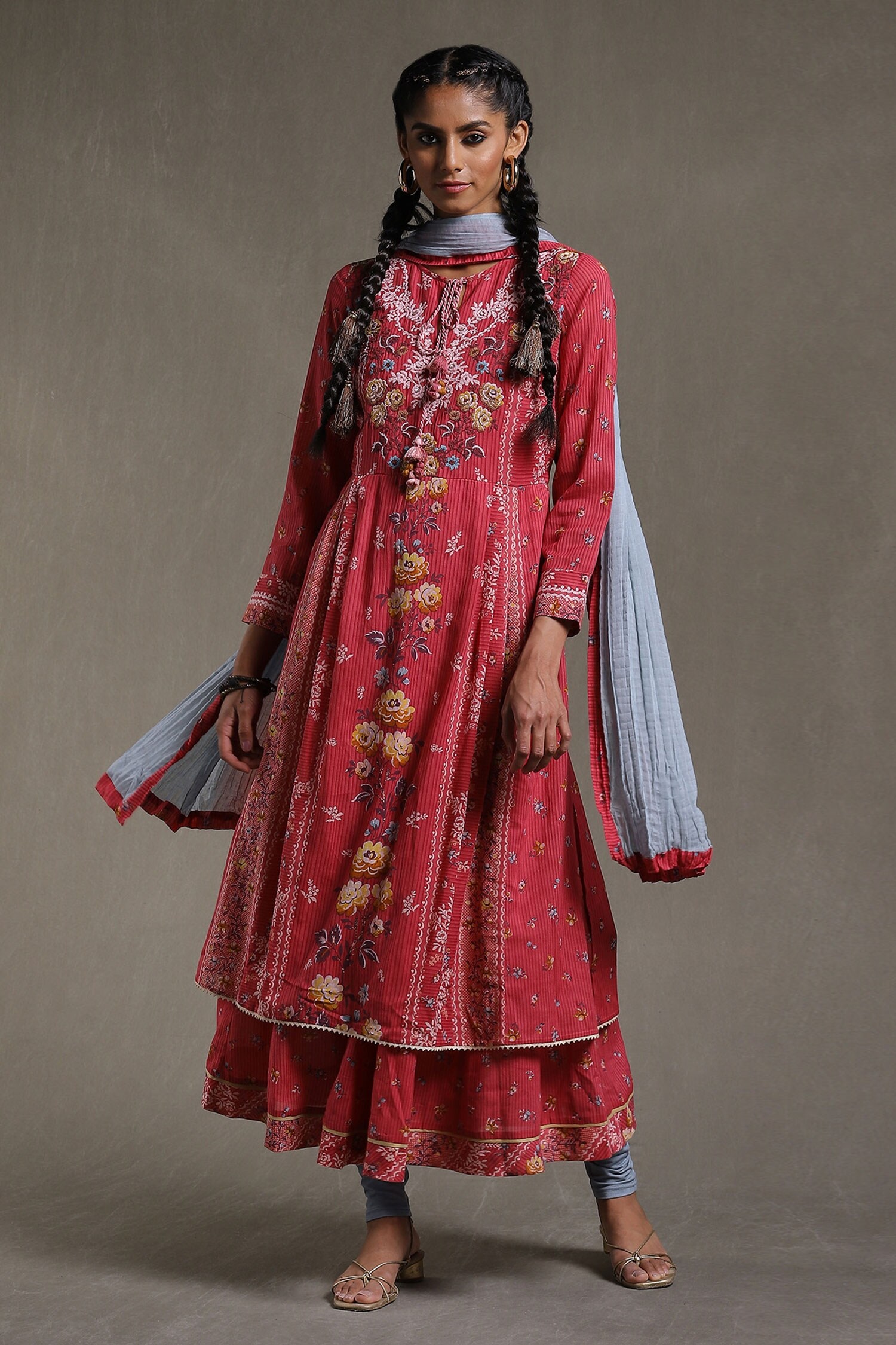 Buy Beige Cotton Viscose Georgette Printed Floral Motifs Anarkali Set ...