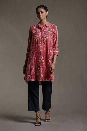 Buy Ritu Kumar Pink Cotton Viscose Georgette Floral Print Kurti Online ...