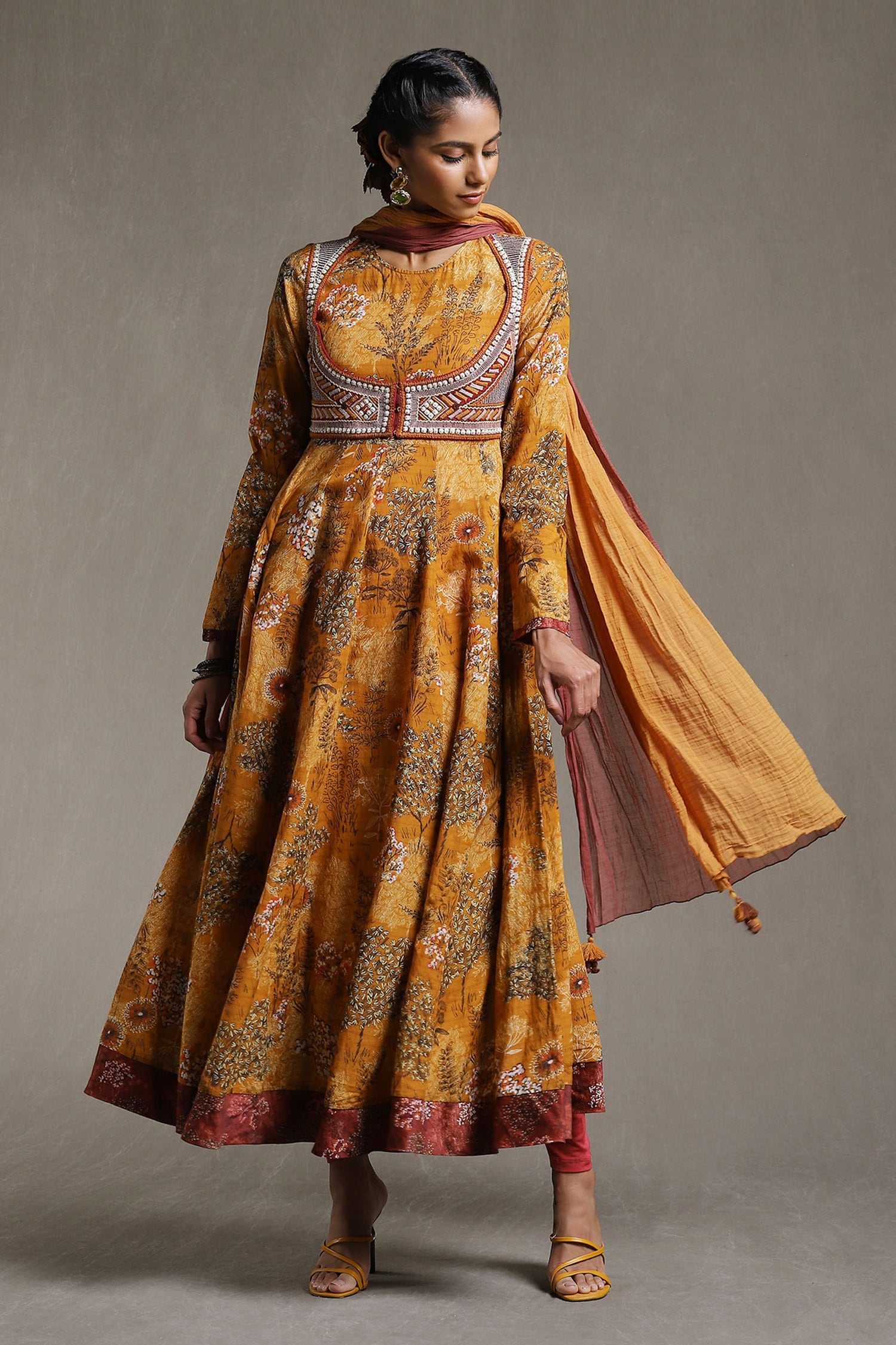 Buy Ritu Kumar Yellow Sushi Voile Leaf Print Anarkali Set Online | Aza ...