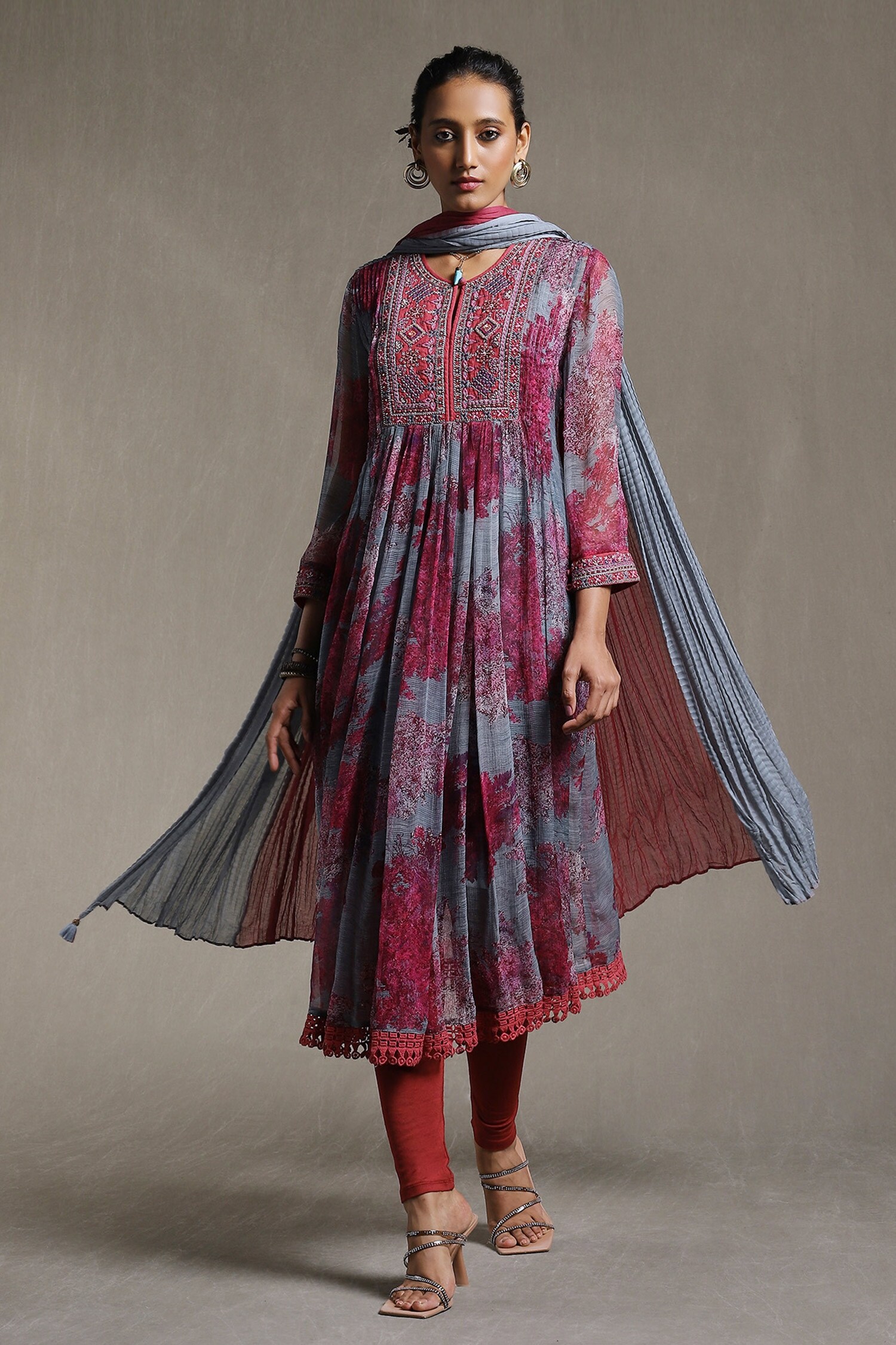 Buy Ritu Kumar Blue Viscose Chiffon Leaf Print Anarkali Set Online ...