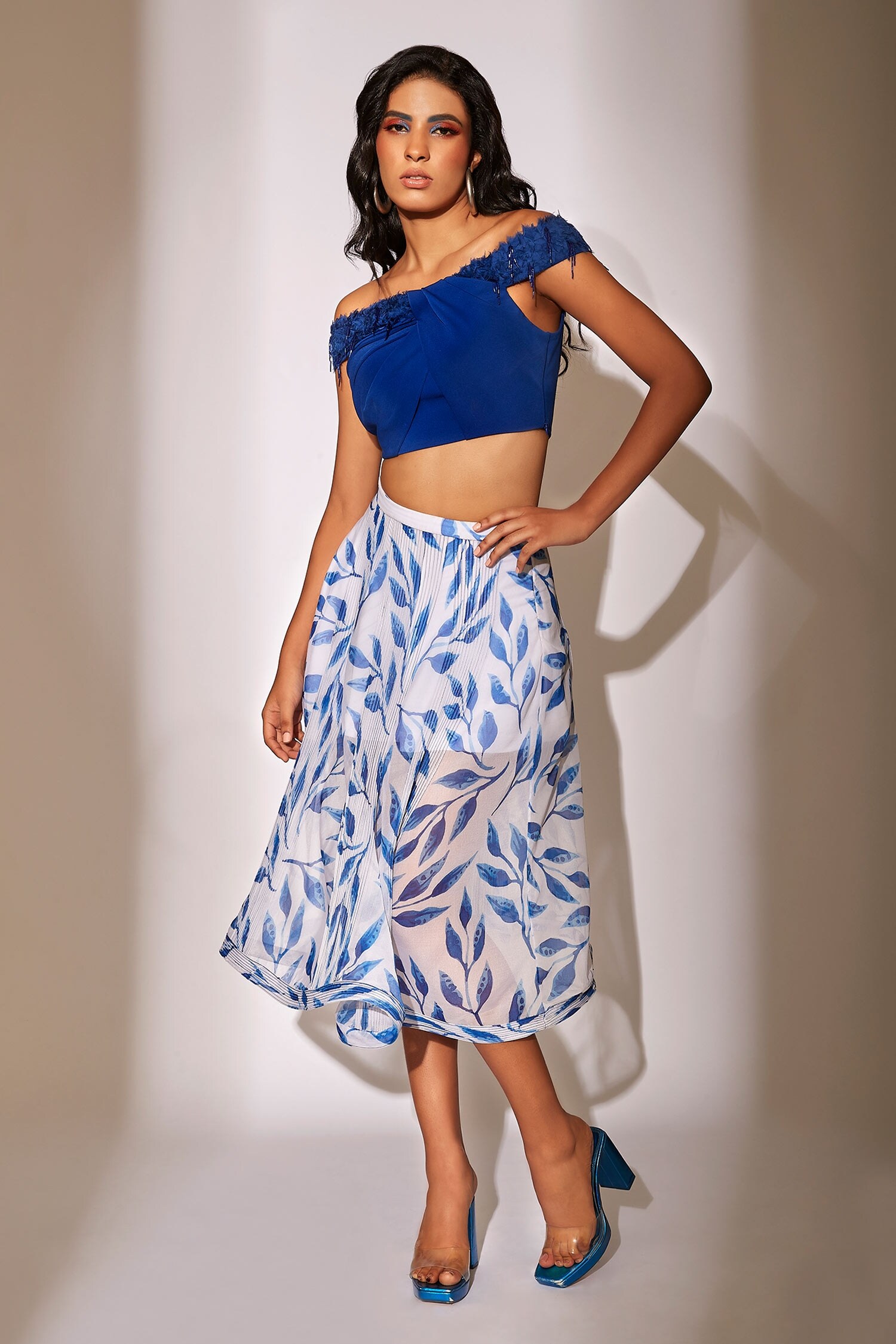 Buy Blue Italian Crepe Printed Leaf One Skirt And Crop Top Set For ...