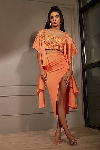 Buy Orange Italian Crepe Embroidered Cutdana Work Square Neck Ruffle ...
