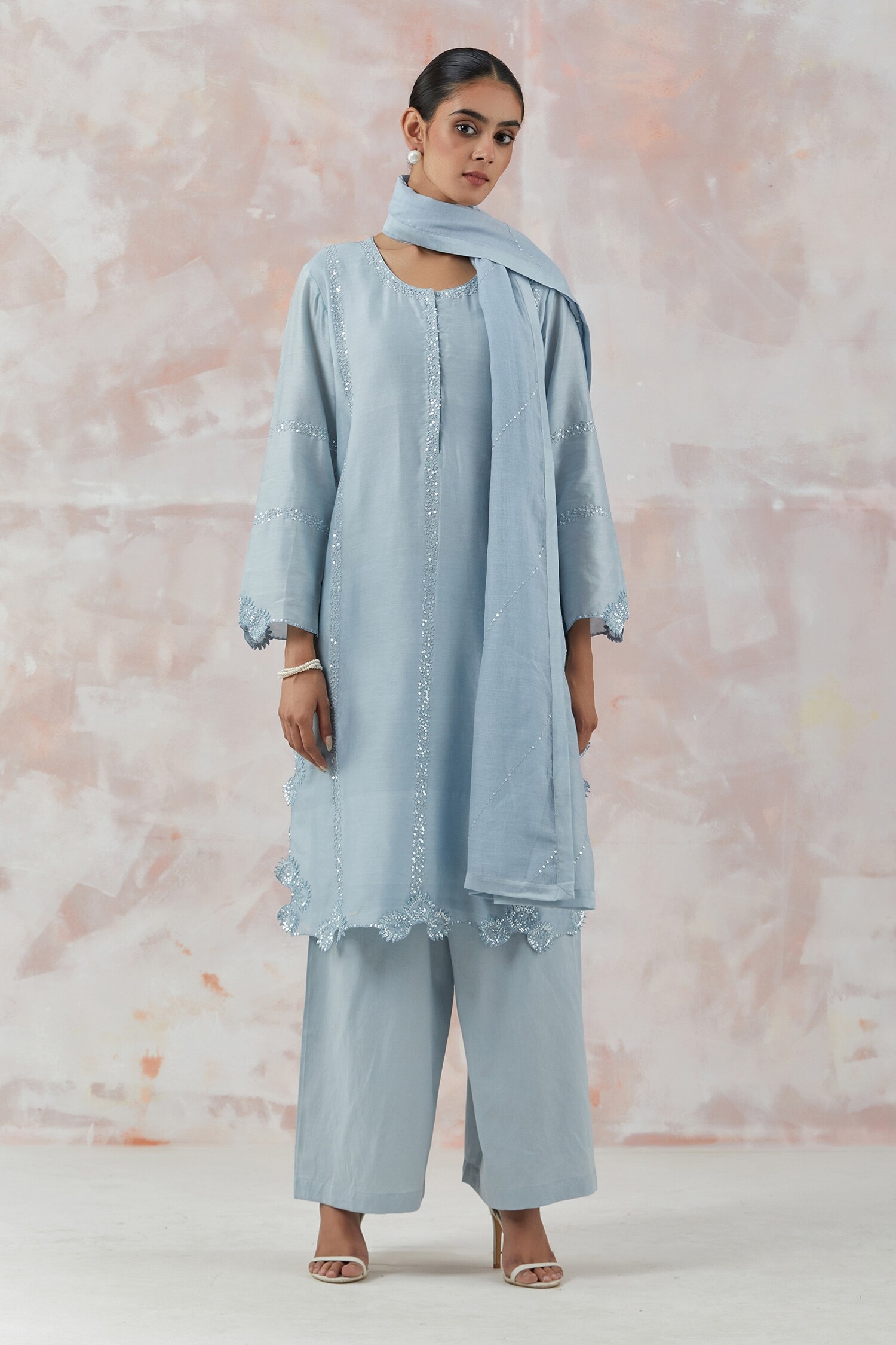Buy Blue Kurta: Silk Chanderi; Dupatta: Cotton Satin Palazzo Set For ...