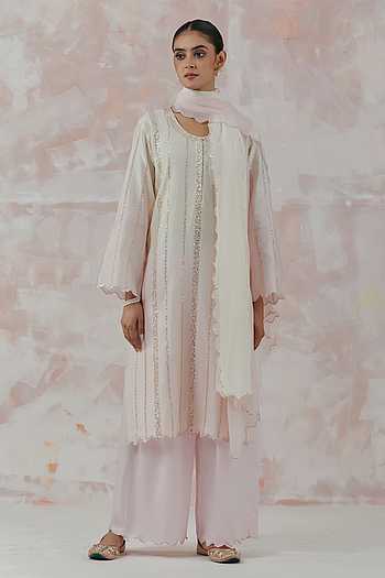 Buy Pink Kurta: Silk Chanderi; Dupatta: Cotton Satin Ombre Palazzo Set ...
