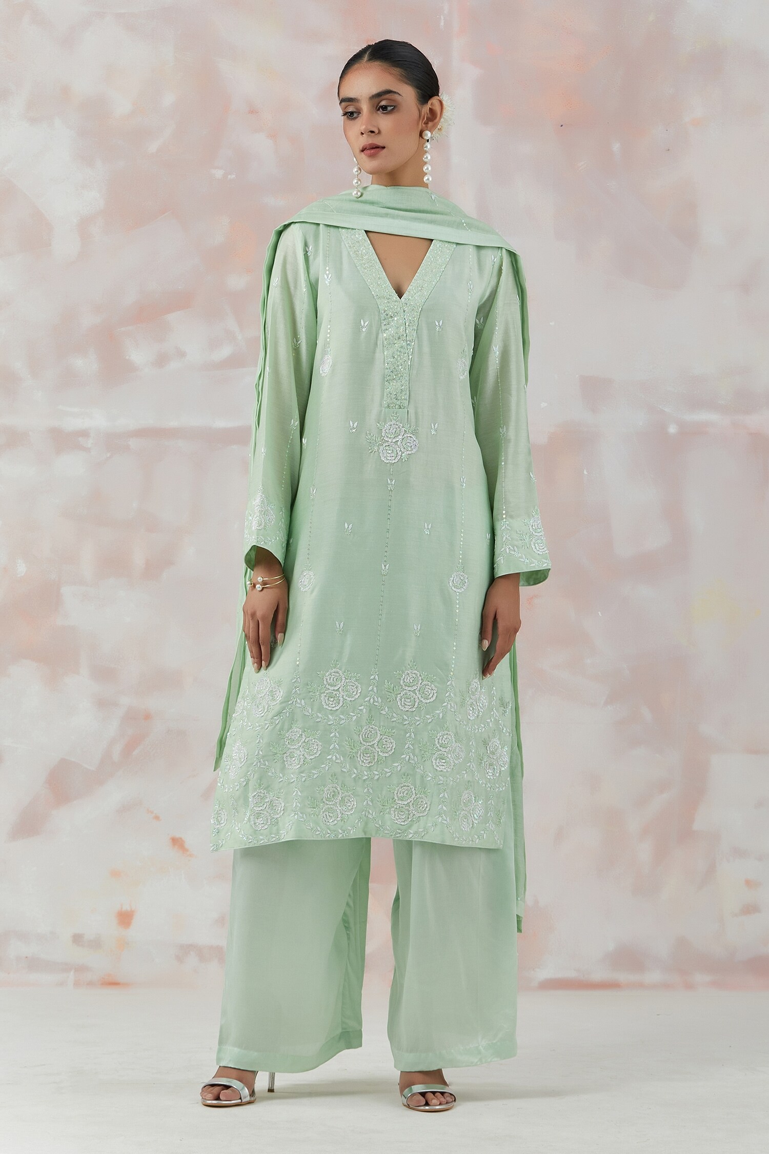 Buy Green Kurta: Silk Chanderi; Dupatta: Cotton Satin Palazzo Set For ...