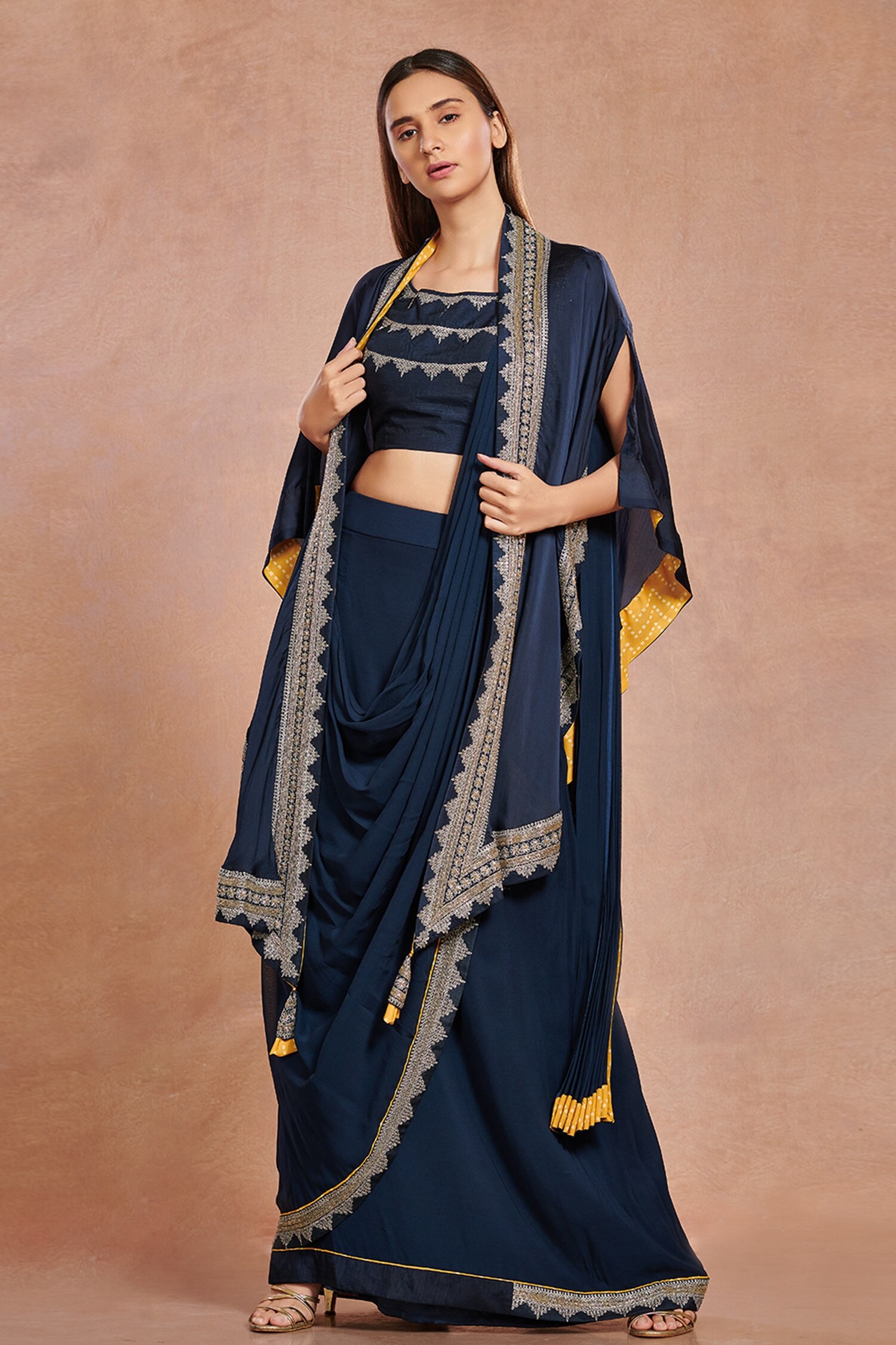 Buy Blue Georgette Embroidery Floral Jacket: Pre-draped Skirt Saree Set ...