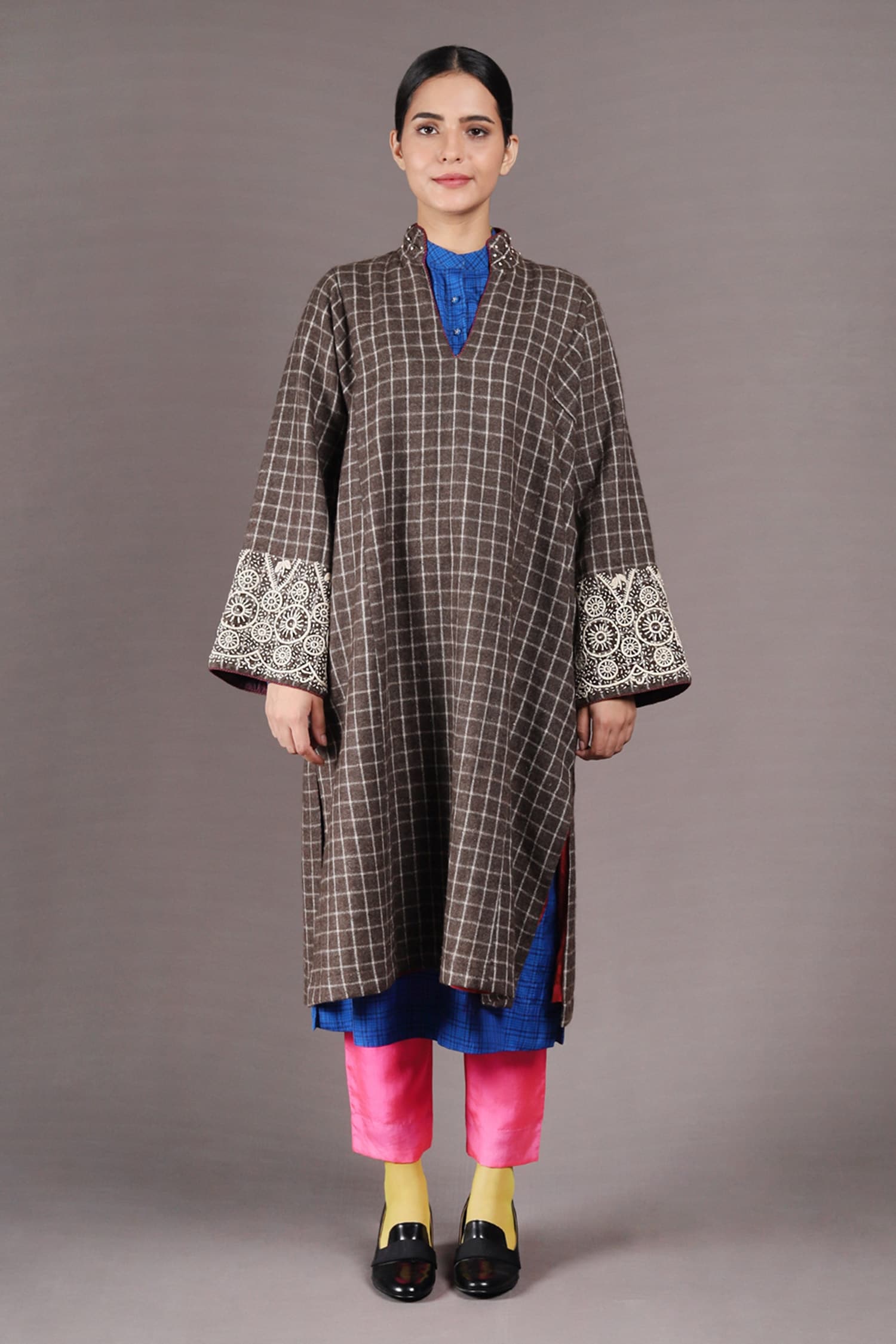 Buy Shades of India Brown Wool Checkered Pheran Online | Aza Fashions