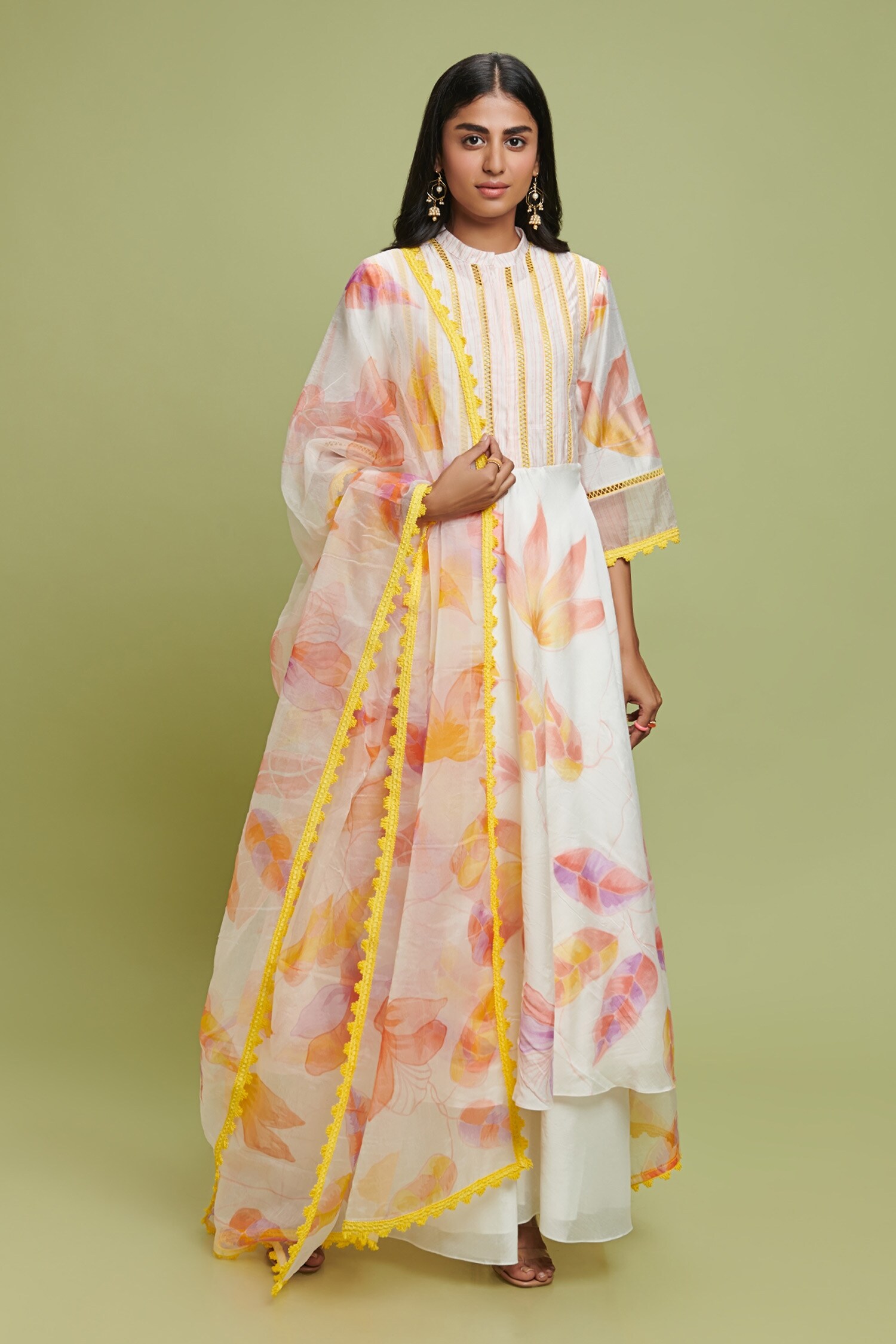 Buy Multi Color Cotton Chanderi Print Floral Mandarin Collar Anarkali ...