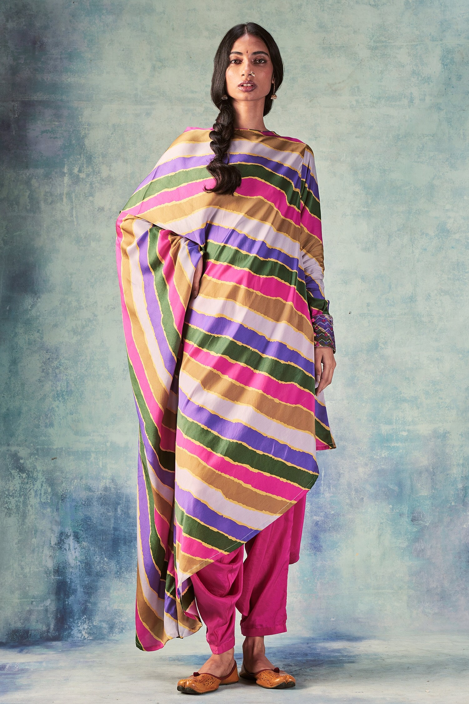 Buy Multi Color Satin Silk Printed Resham Stripes Tunic And Cowl Pant ...