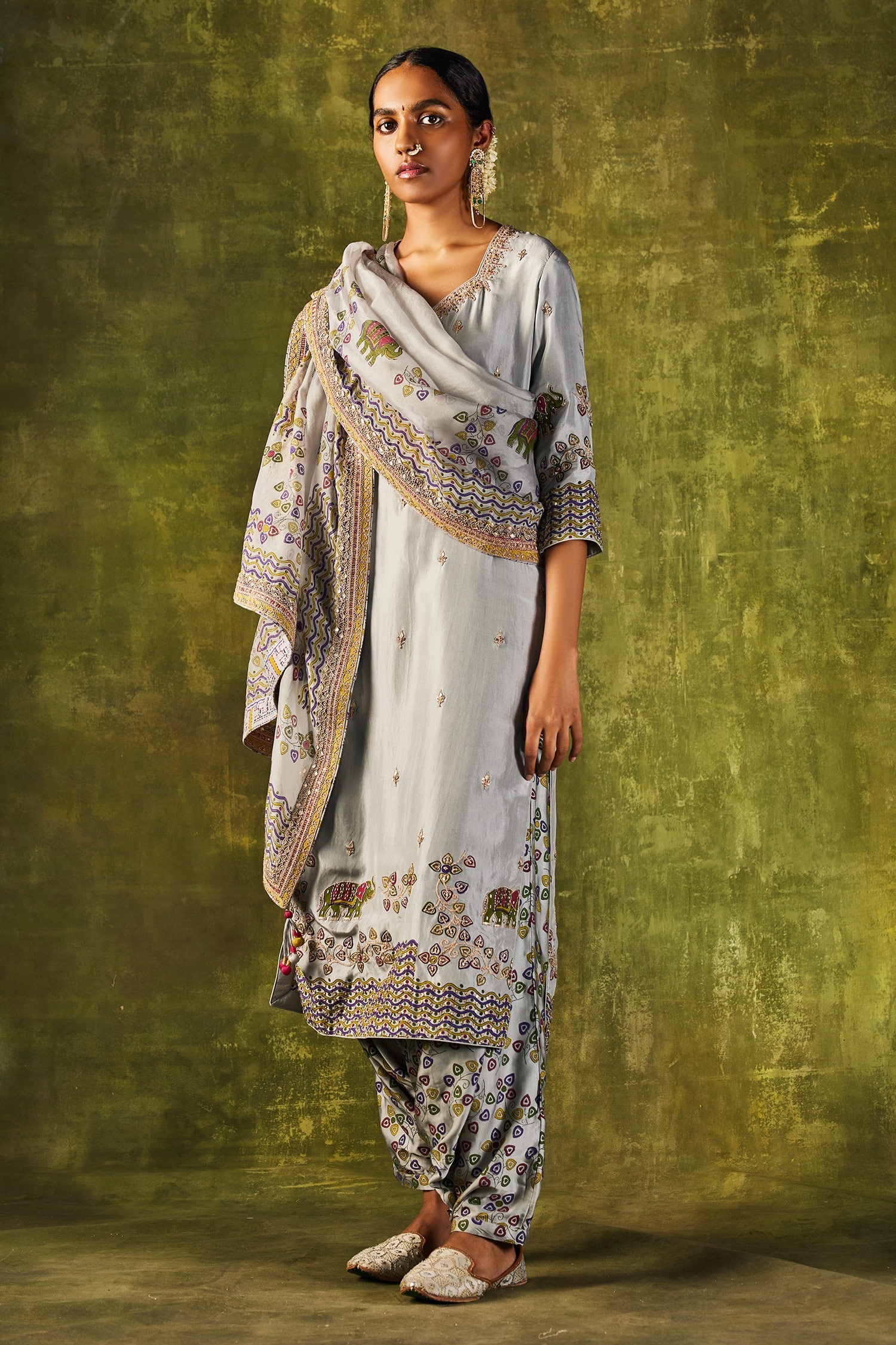 Buy Grey Silk Printed Dori And Marodi Work V Neck Embroidered Kurta ...