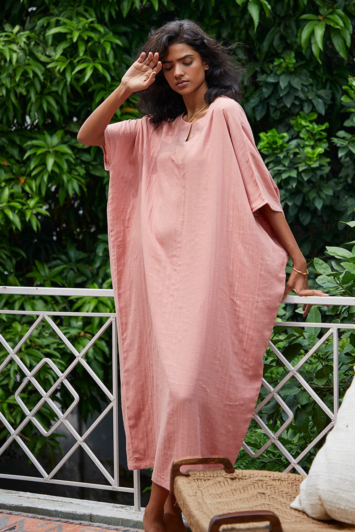 Buy Pink Double Weave Cotton Plain Notched Kaftan For Women by ...