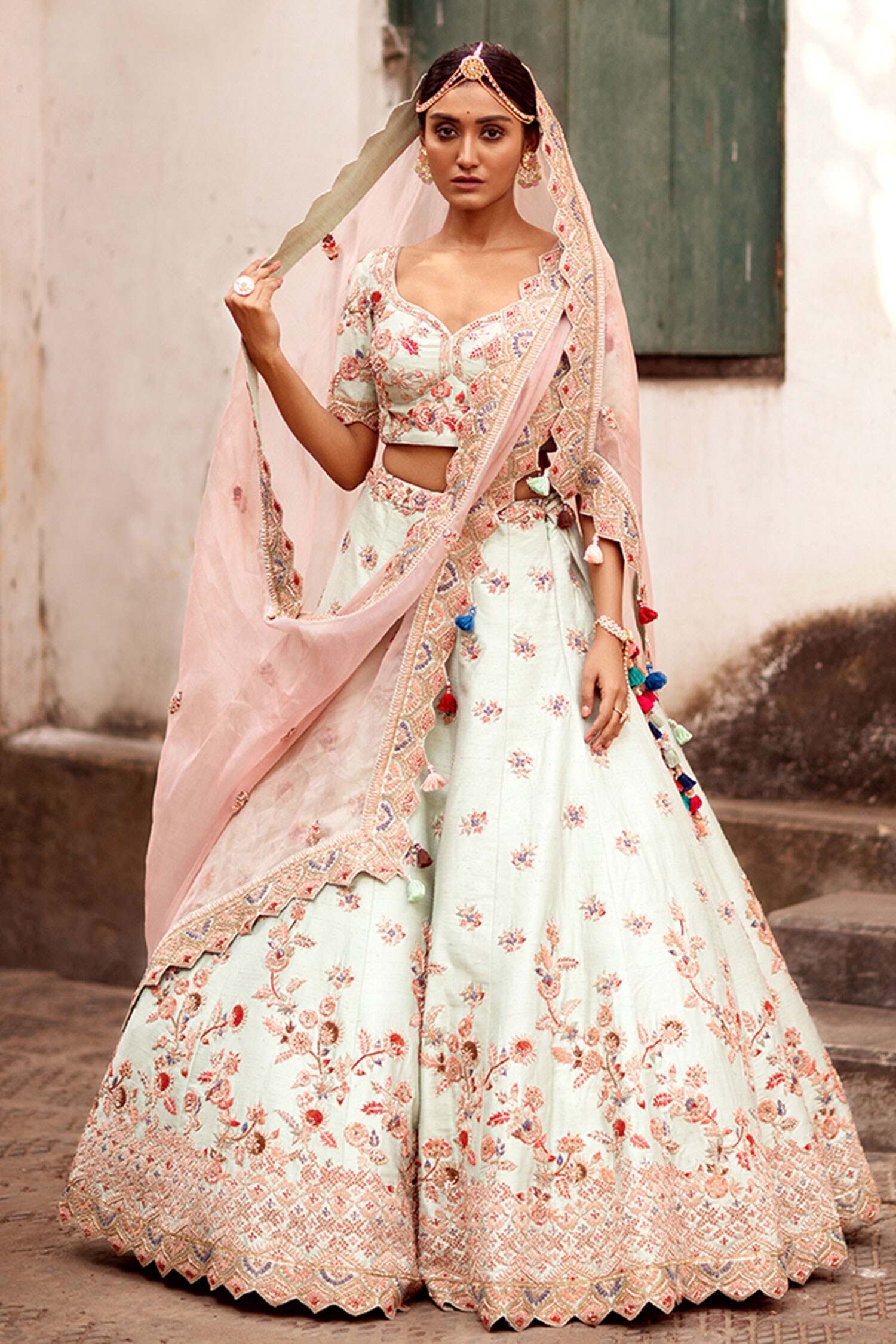 Buy Green Lehenga And Blouse: Raw Silk Hand Embroidered Floral Jamuna ...