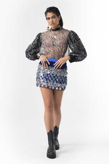 Buy Black Zebra Print Top And Short Skirt Set For Women by Rara Avis ...